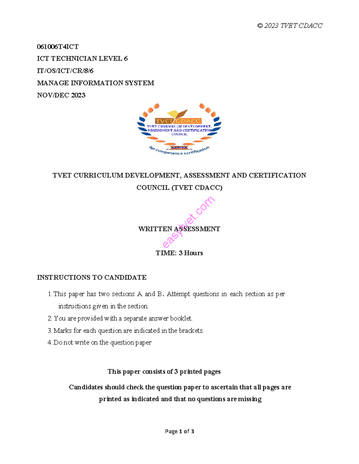 2023 TVET CDACC 061006T4ICT ICT Technician Level 6 MIS Assessment - Studocu