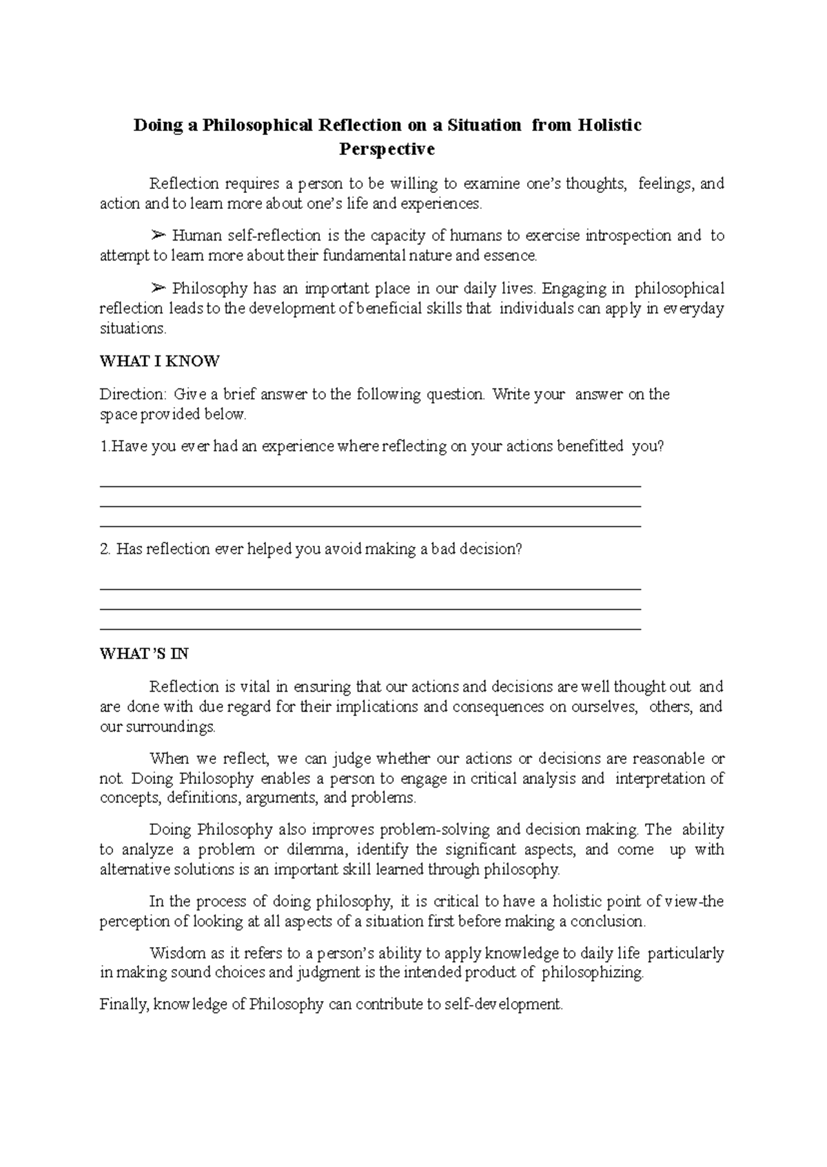 Holistic Philosophical Reflection Insights: Embracing Introspection - Studocu