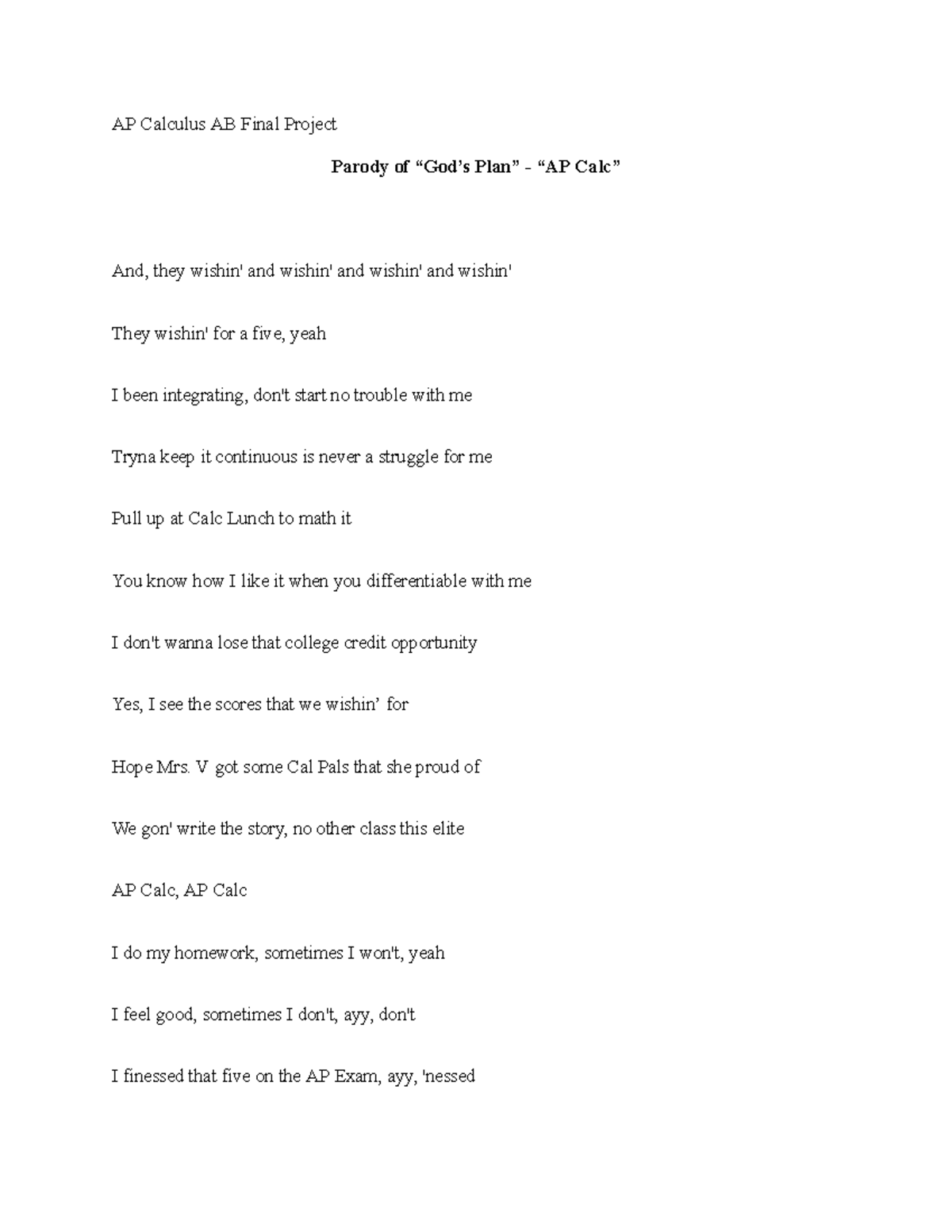 AP Calculus AB Final Project - AP Calculus AB Final Project Parody of ...