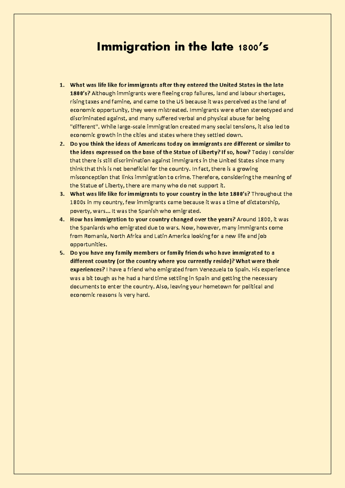 Immigration in the late 1800’s - Immigrants were often stereotyped and ...