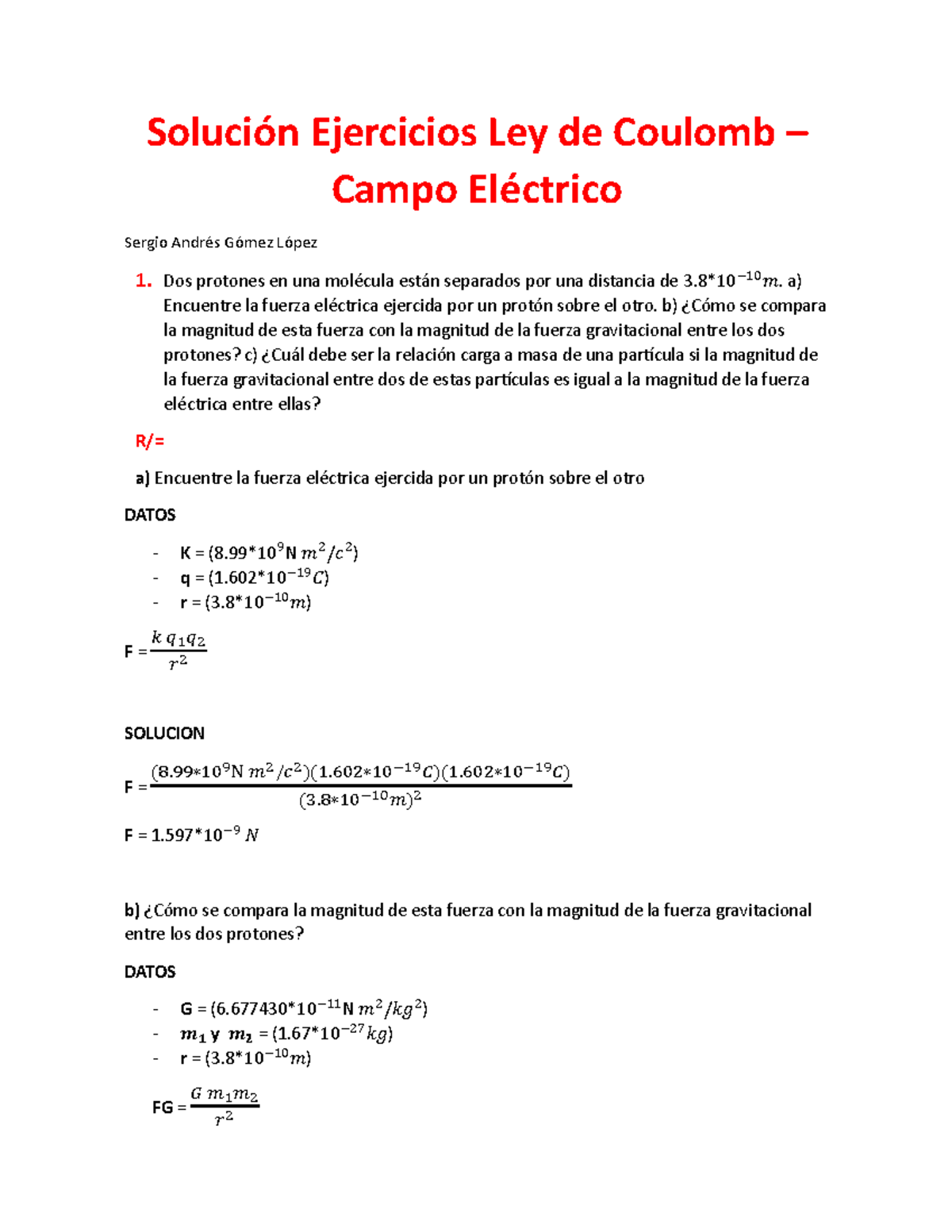 Ejercicios de Ley de Coulomb - Campo Eléctrico y Fuerzas Eléctricas ...