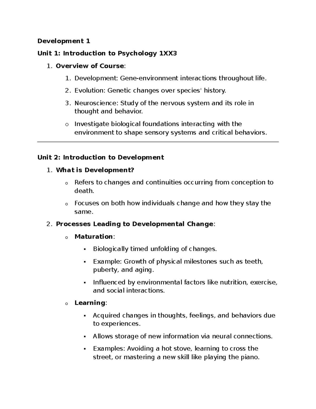 Developmet notes - Development 1 Unit 1: Introduction to Psychology 1XX ...