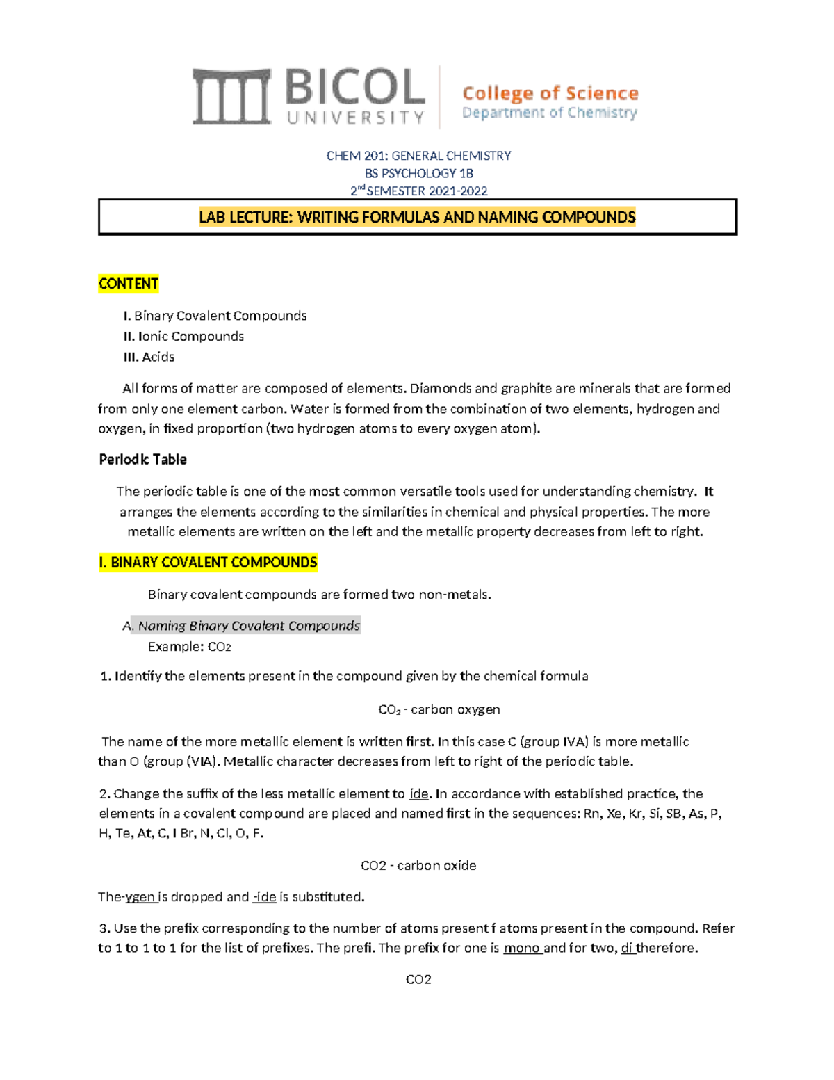 CHEM 201: General Chemistry Lab Lecture on Formulas & Naming Compounds ...