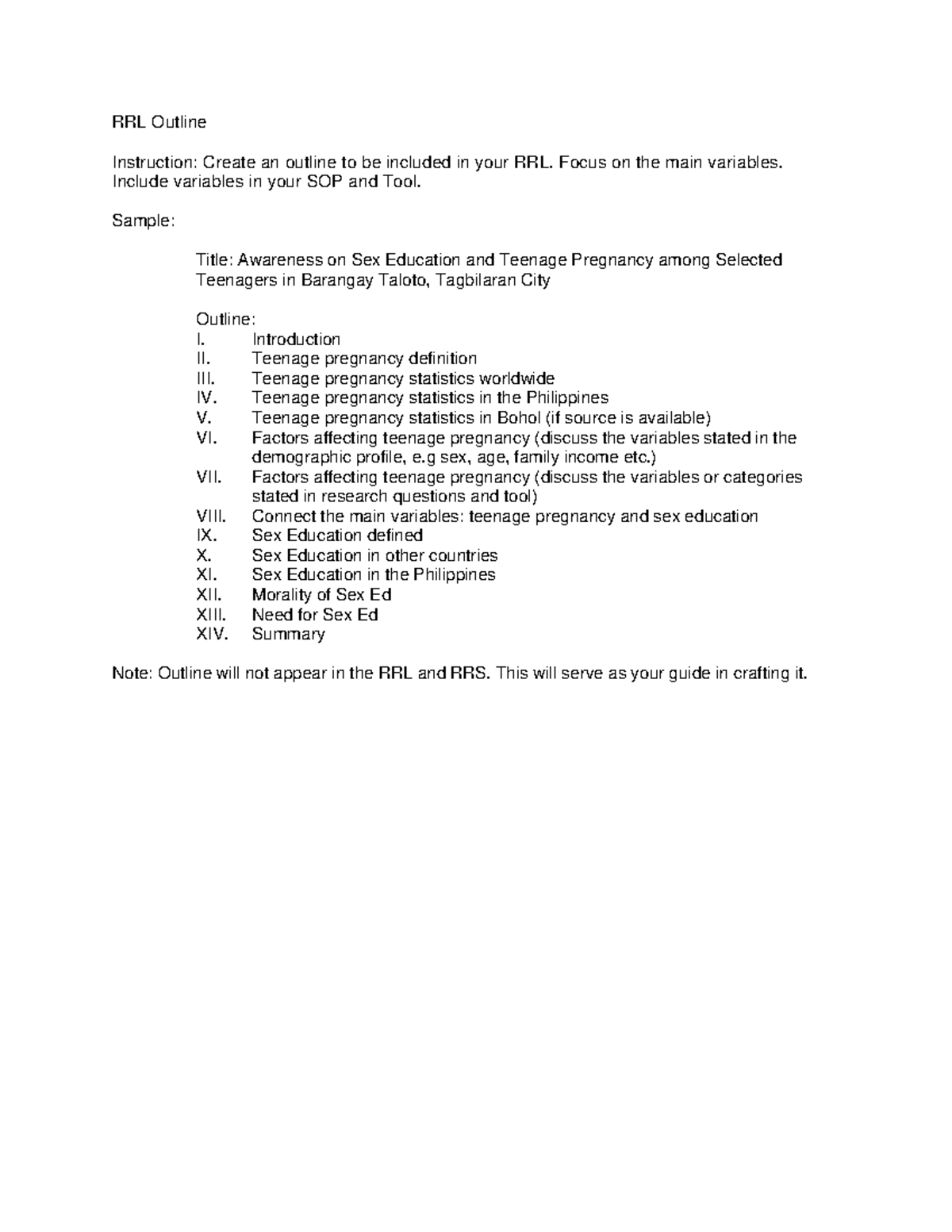 RRL-Outline-Sample: Key Variables in Sex Ed & Teenage Pregnancy - Studocu
