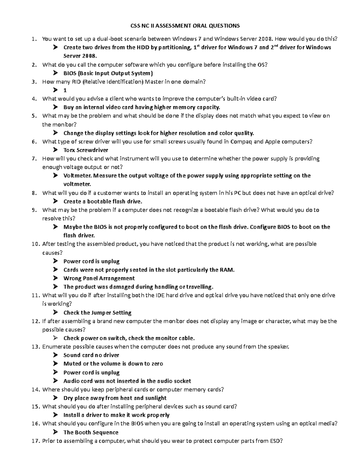 CSS NC II Oral Assessment Questions for Computer Hardware Setup - Studocu