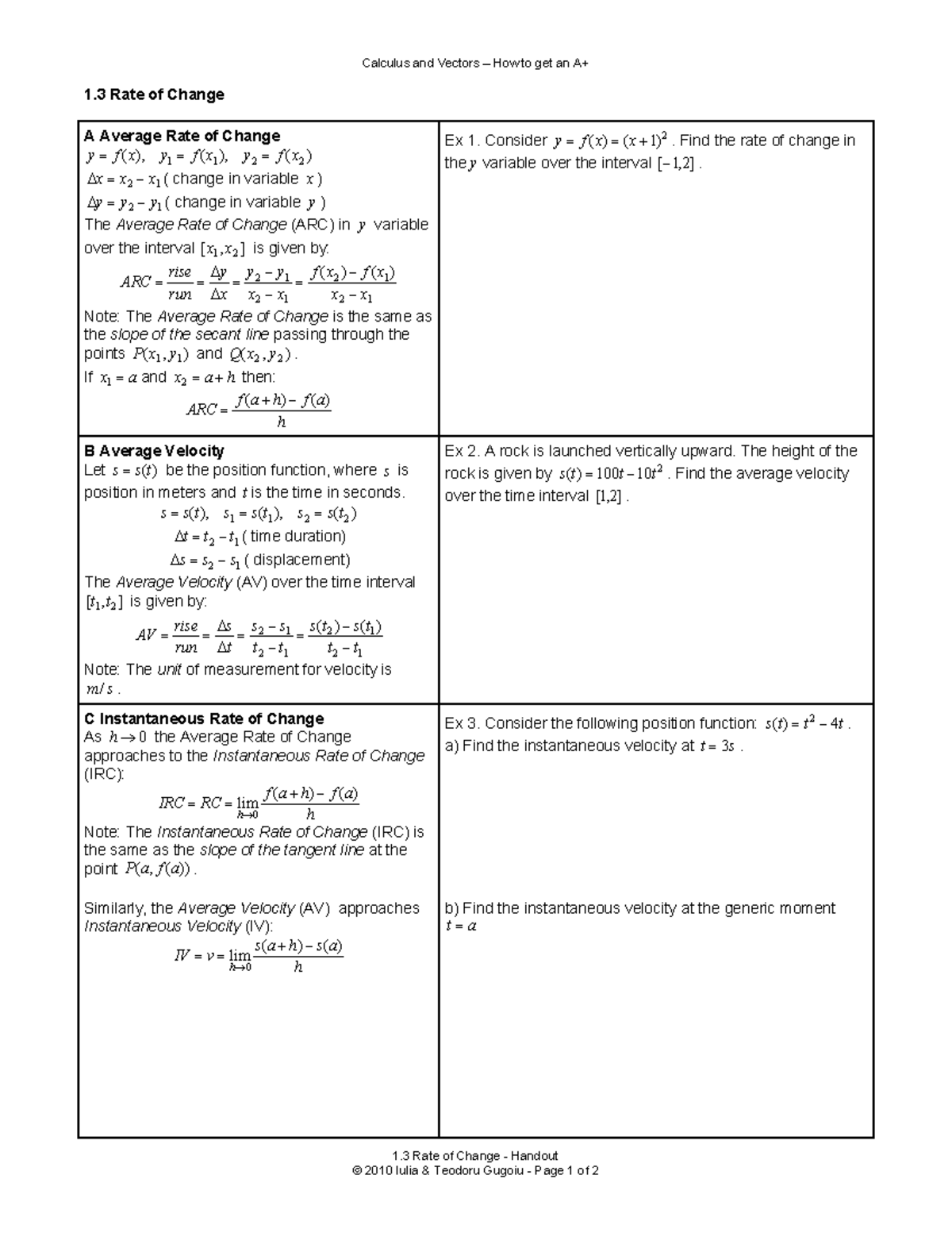 Calculus and Vectors: 1.3 Average and Instantaneous Rates of Change ...