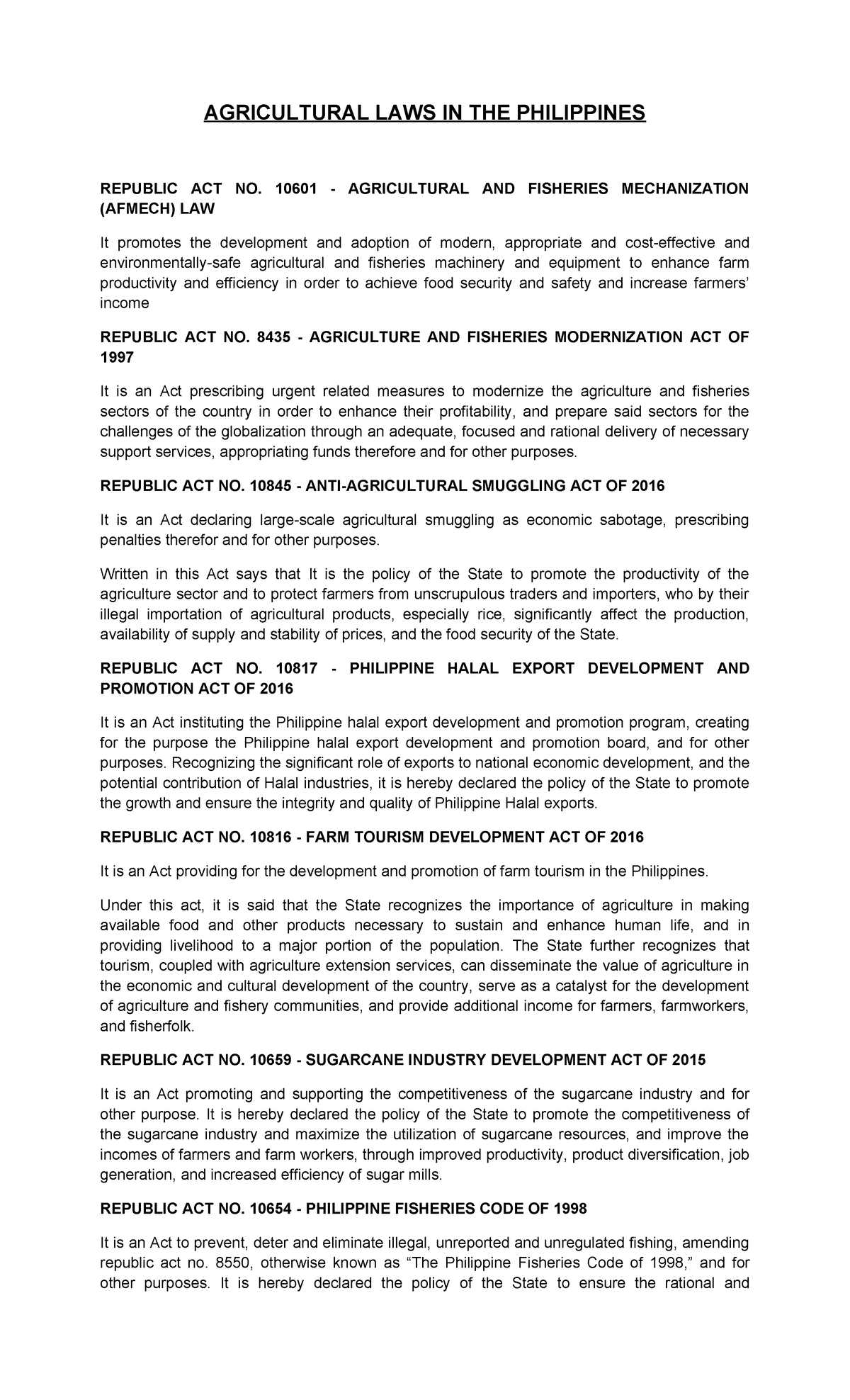 Agricultural Laws in the Philippines: Key Republic Acts Overview - Studocu