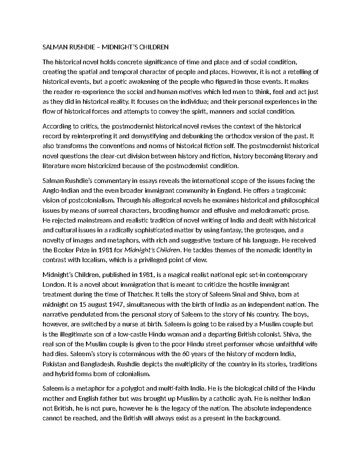 Midnight's Children (ENG 101): A Postcolonial Epic Analysis - Studocu