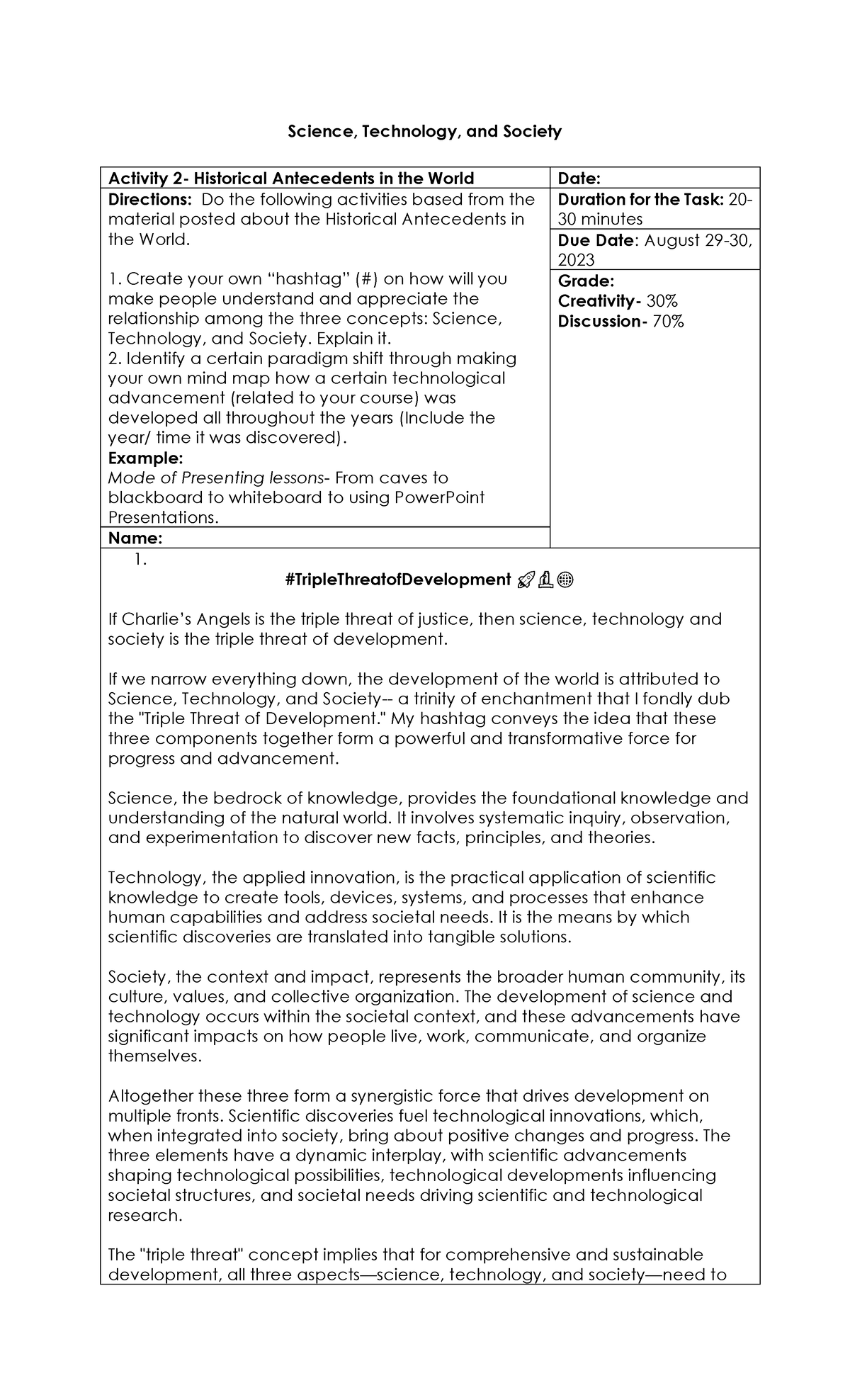 STS- Triple Threat: Understanding Science, Technology, and Society - Studocu