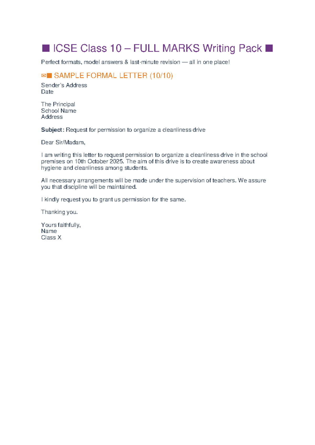 ICSE Class 10 Writing Pack: Formal Letter & Email Samples - Studocu
