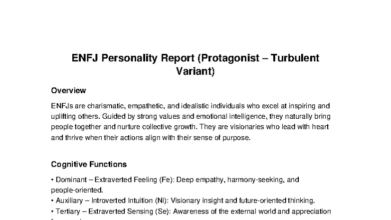 ENFJ Personality Report: Protagonist Turbulent Variant Overview - Studocu
