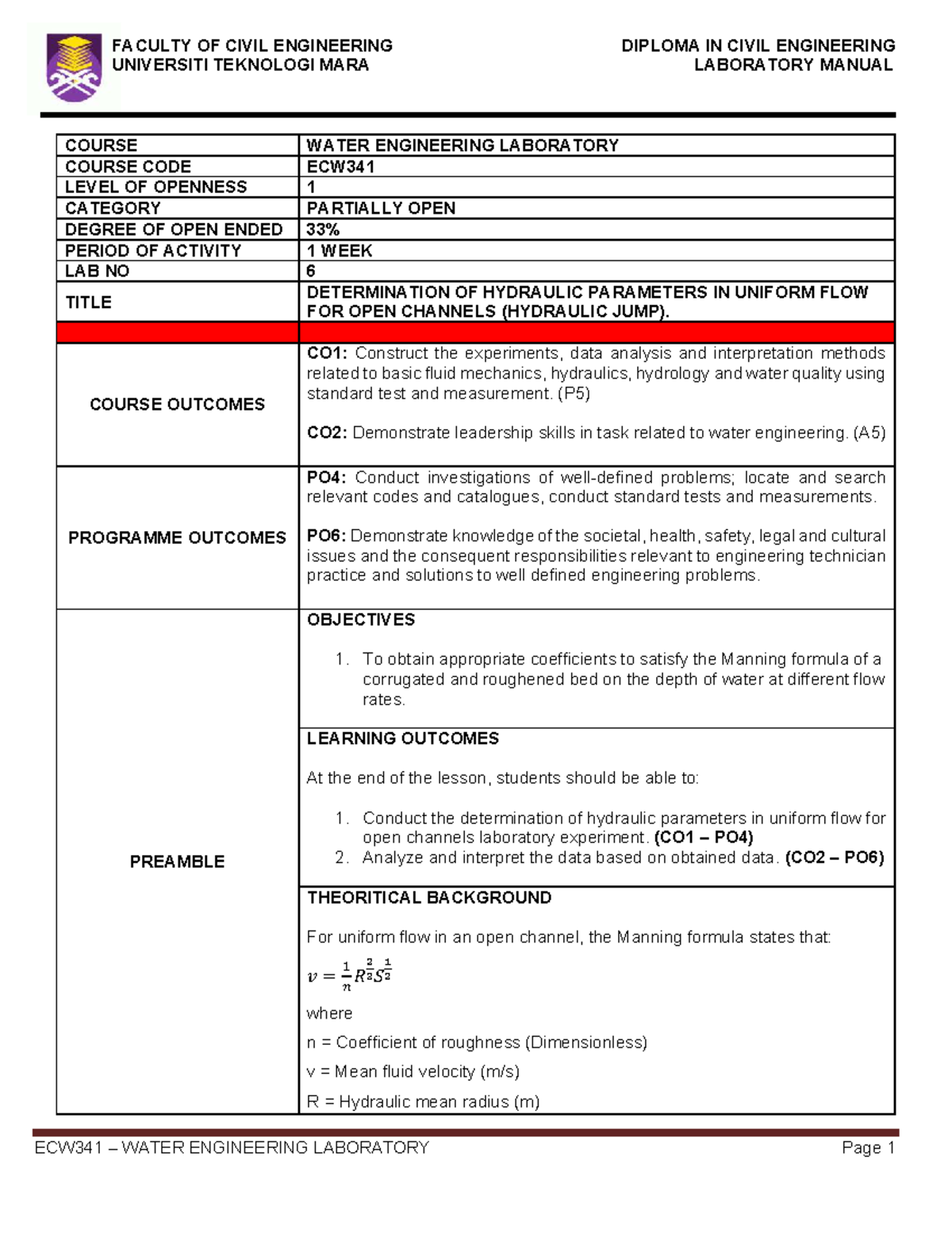 ECW341 Water Engineering Lab: Hydraulic Jump in Open Channels - Studocu