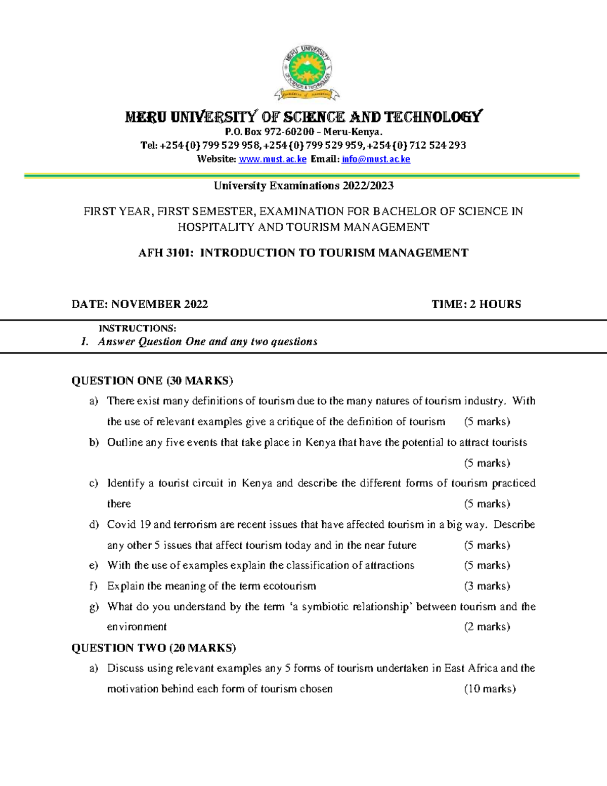 AFH 3101: Final Exam on Introduction to Tourism Management - Studocu
