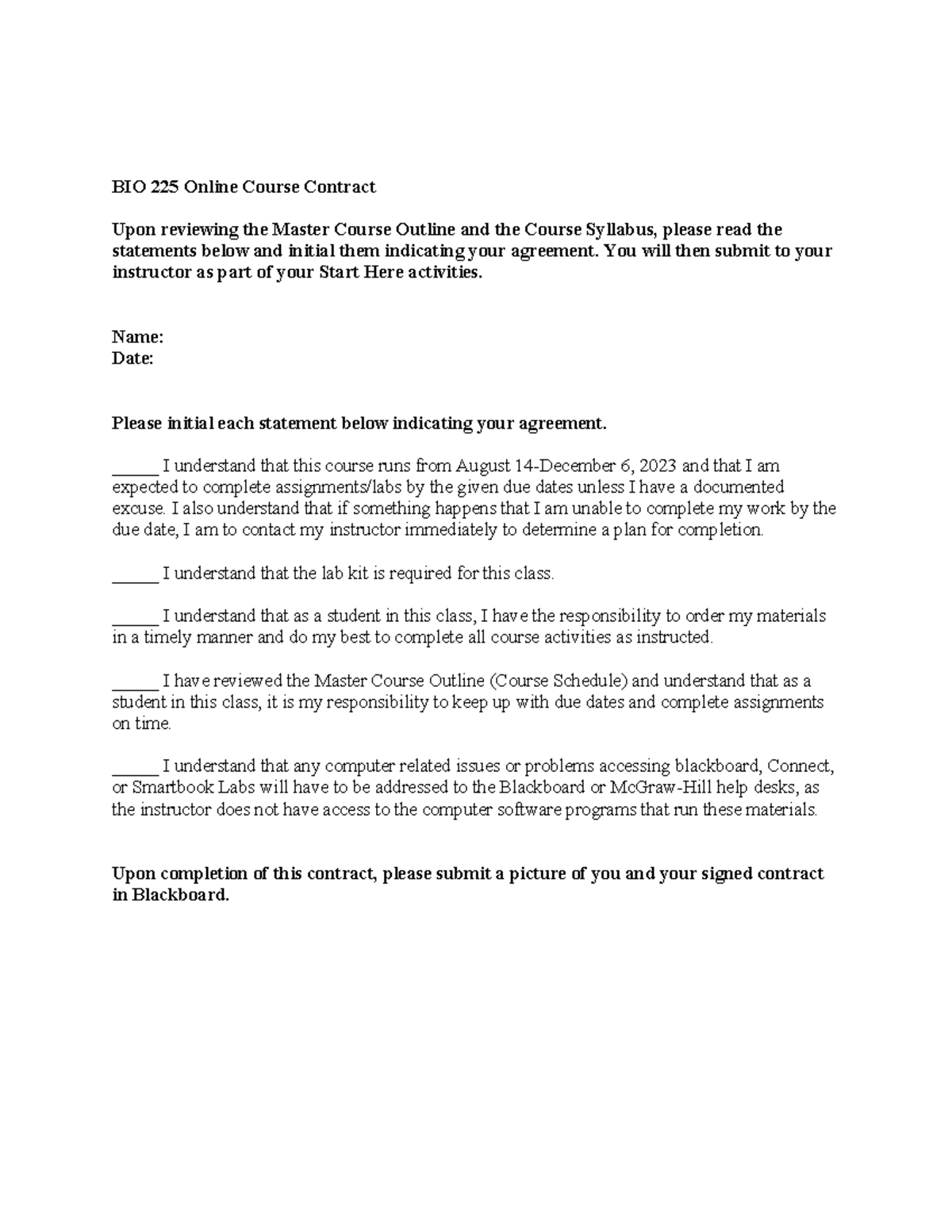 BIO 225 Online Course Contract Acknowledgment and Agreement - Studocu