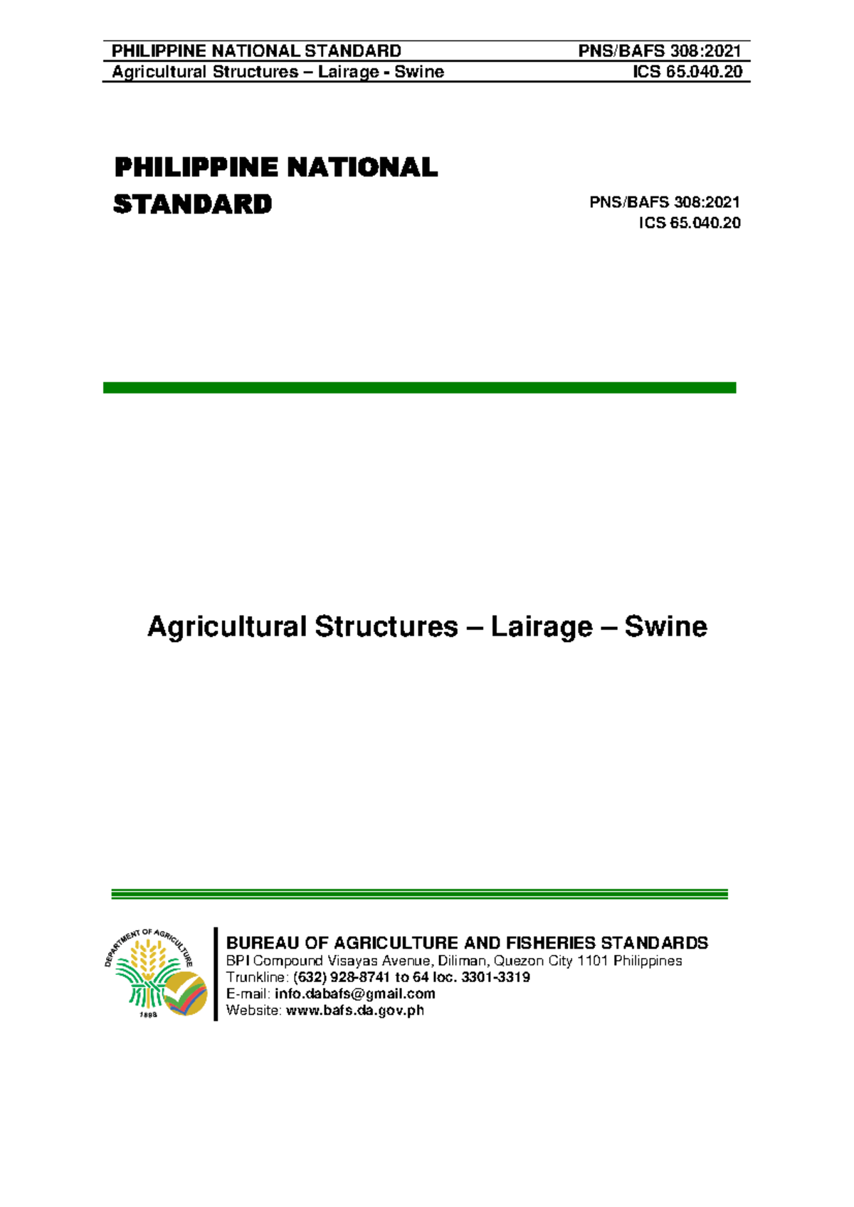 PNS/BAFS 308: 2021 - Agricultural Structures for Swine Lairage Notes ...