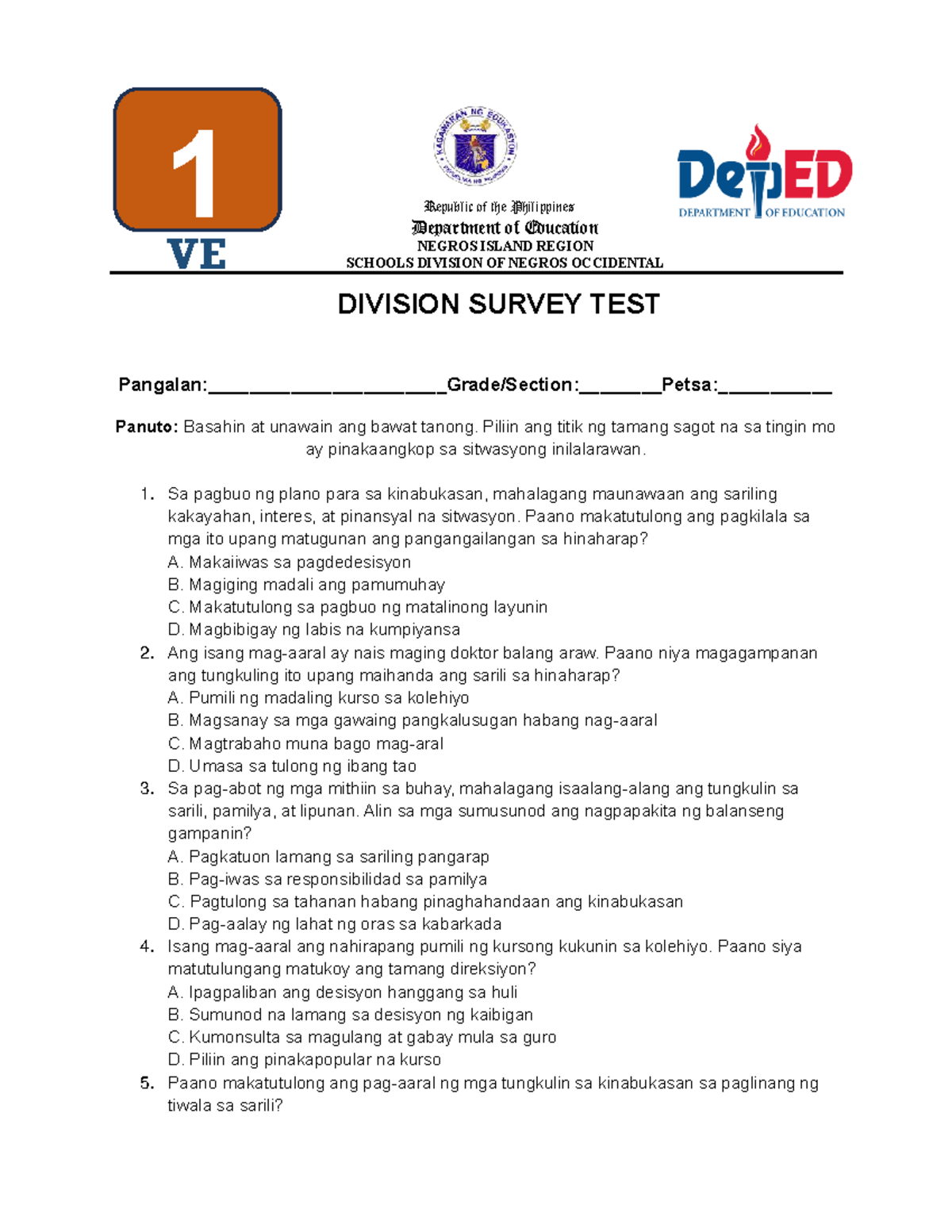 Survey Test for Grade 10 VAED: Understanding Future Planning and - Studocu