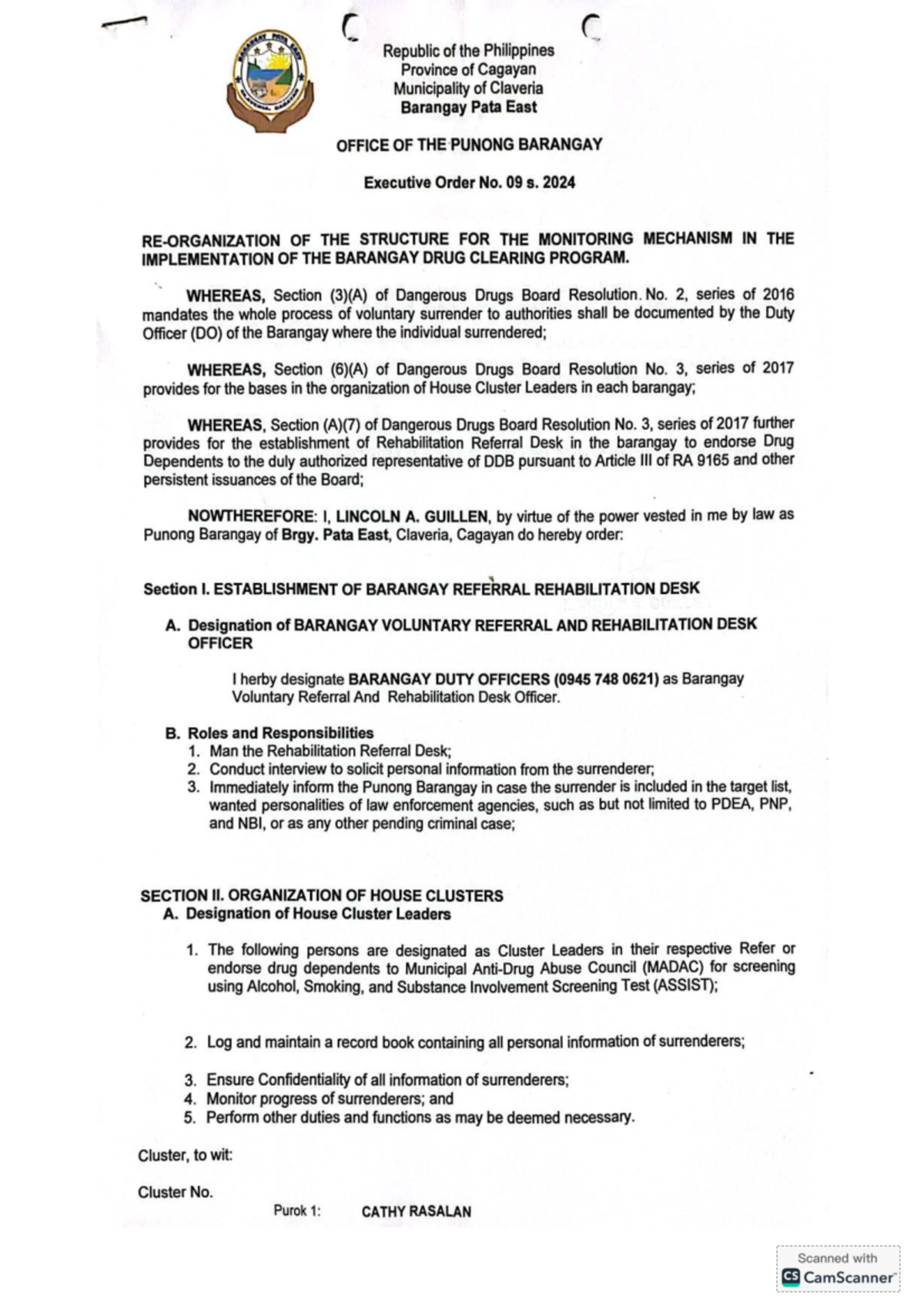 Executive Order No. 09 S. 2024: Pata East BADAC Monitoring Mechanism ...