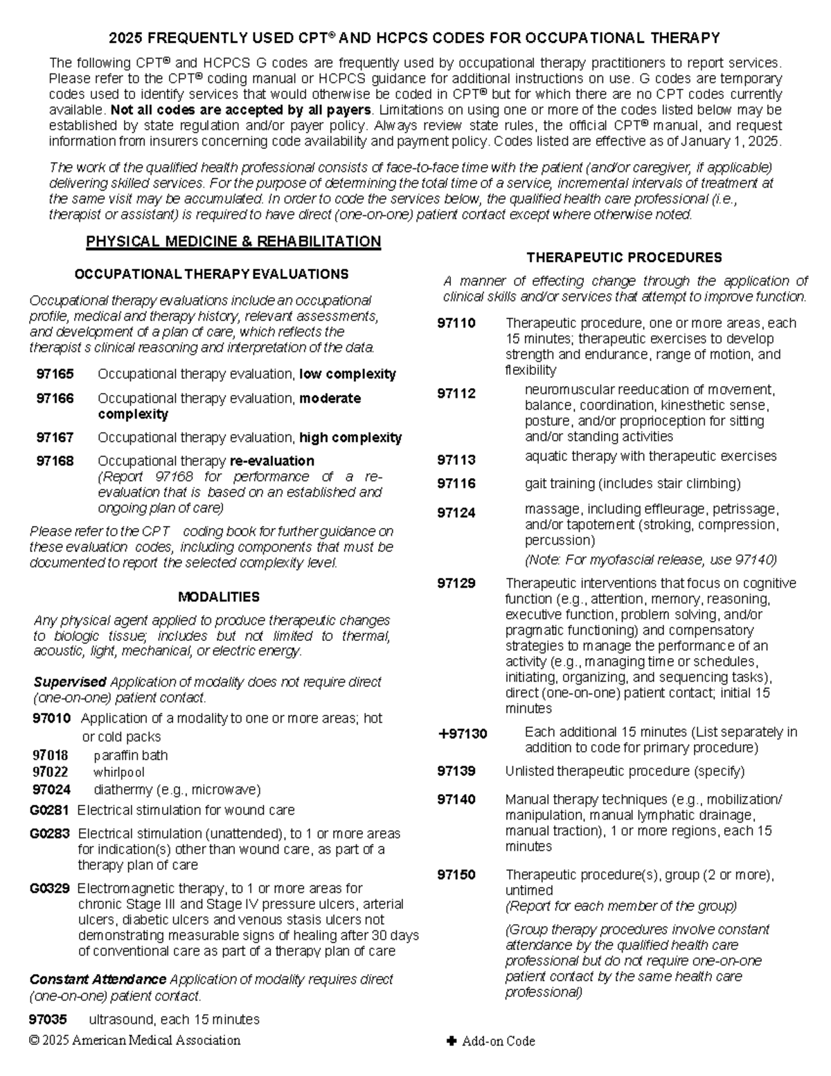 2025 Frequently Used CPT® & HCPCS Codes for OT Services - Studocu