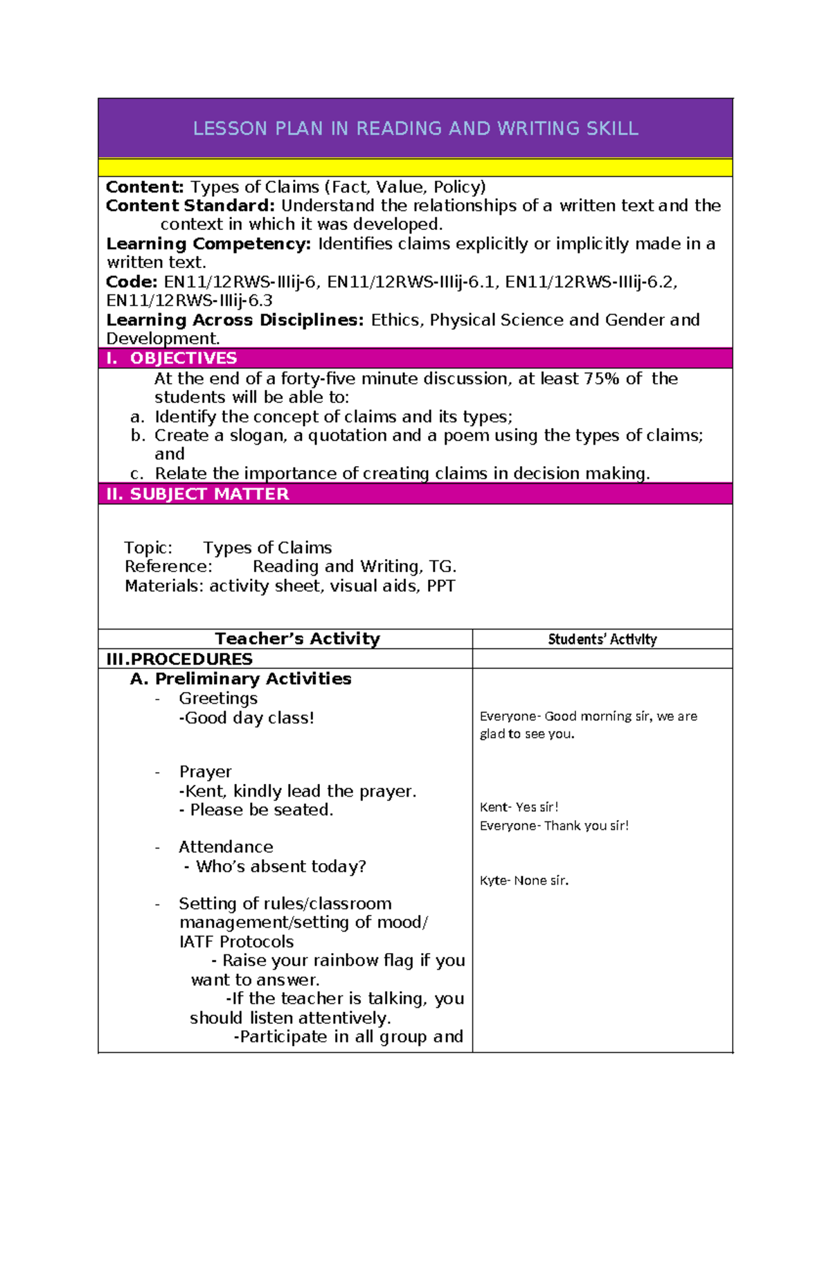 LESSON PLAN: TYPES OF CLAIMS IN READING & WRITING (LAD) - Studocu