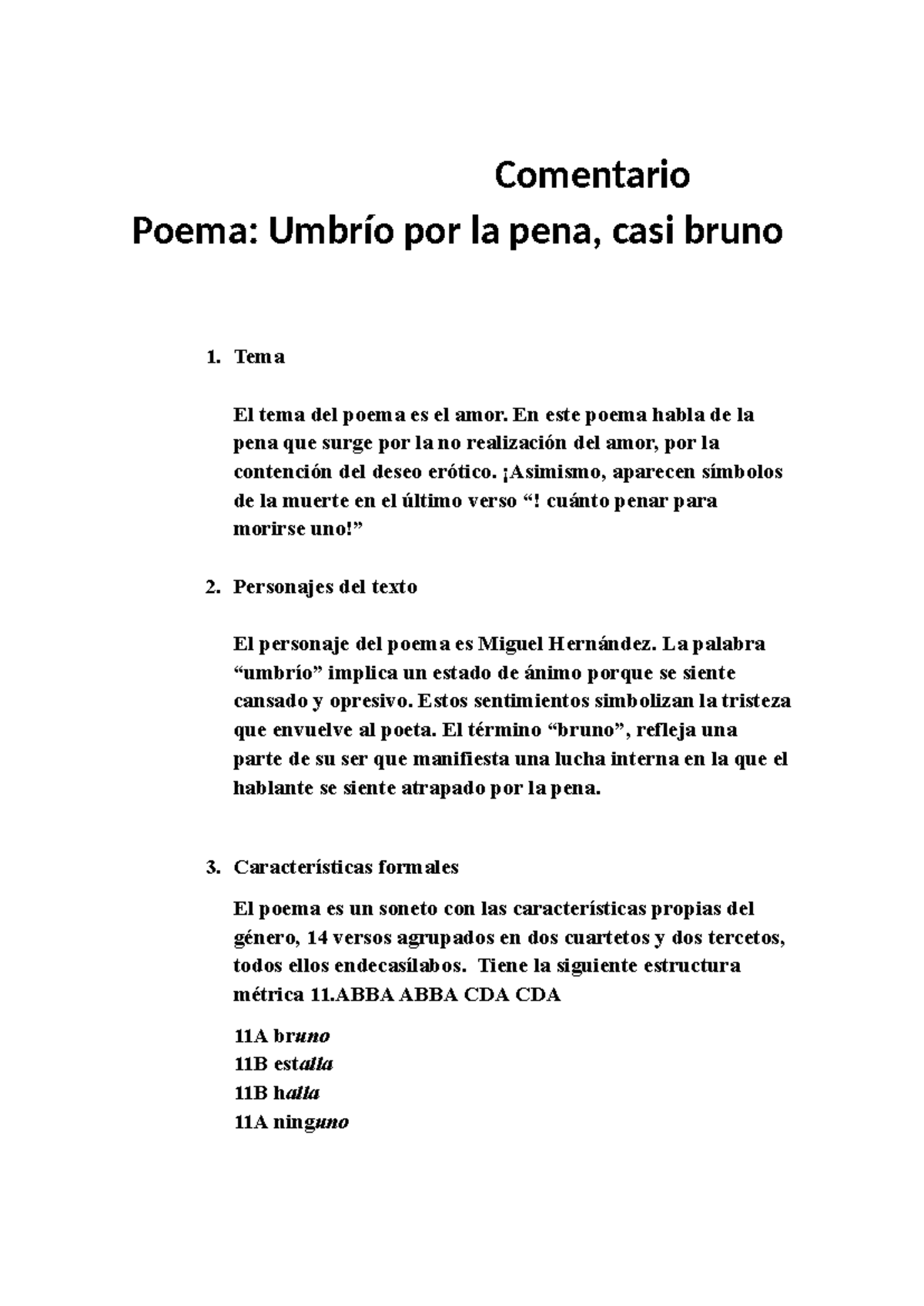 Comentario Poema: Umbrío por la pena de Miguel Hernández - Studocu