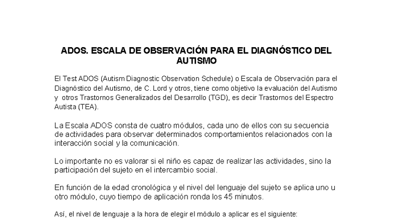 Test ADOS: Escala de Observación para el Diagnóstico del Autismo - Studocu