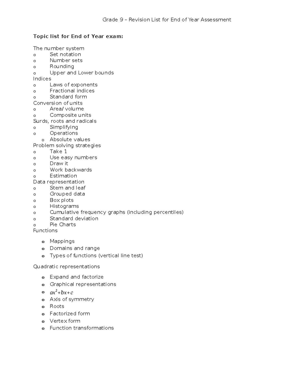 G9 Math EOY Revision Topics for Assessment Preparation - Studocu