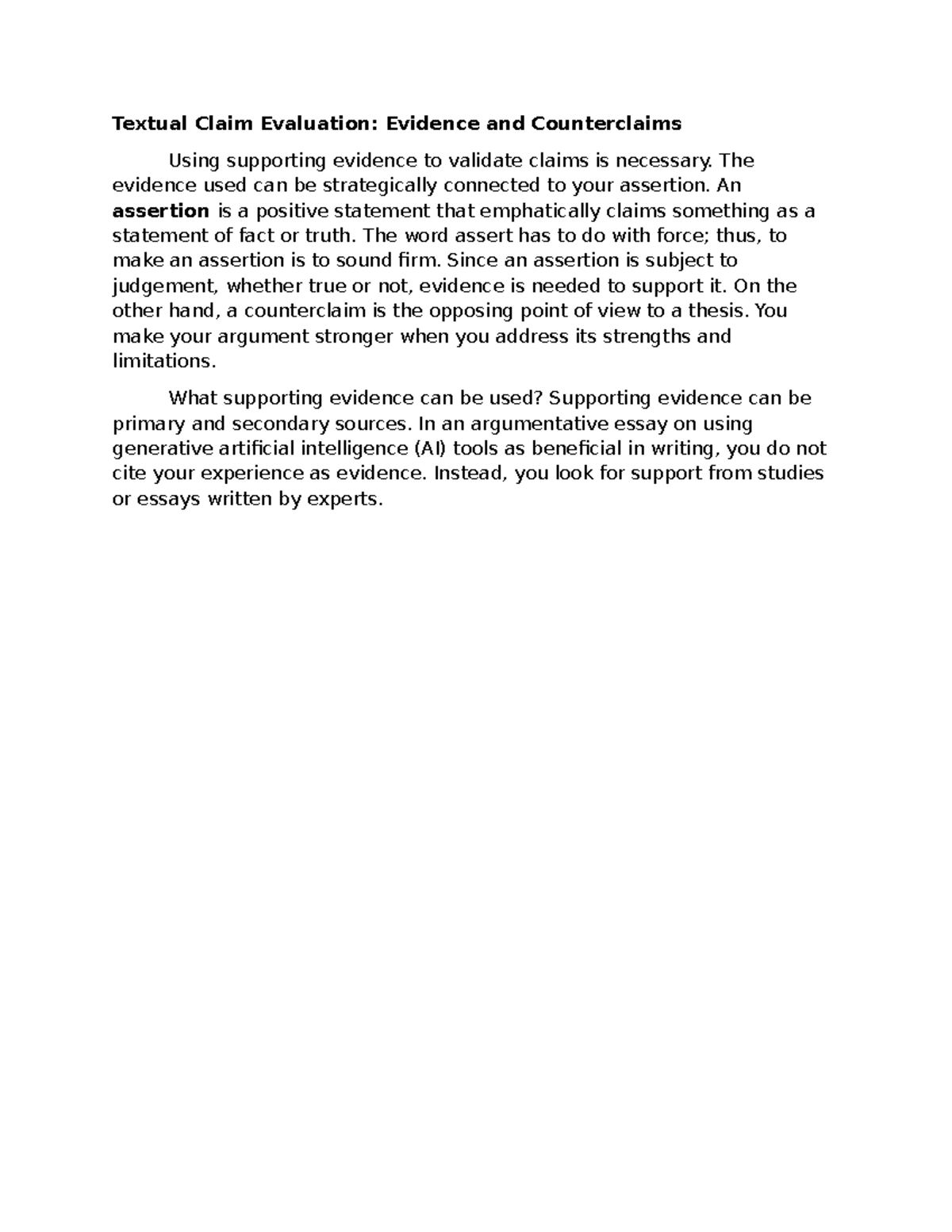 Textual Claim Evaluation: Understanding Evidence and Counterclaims ...