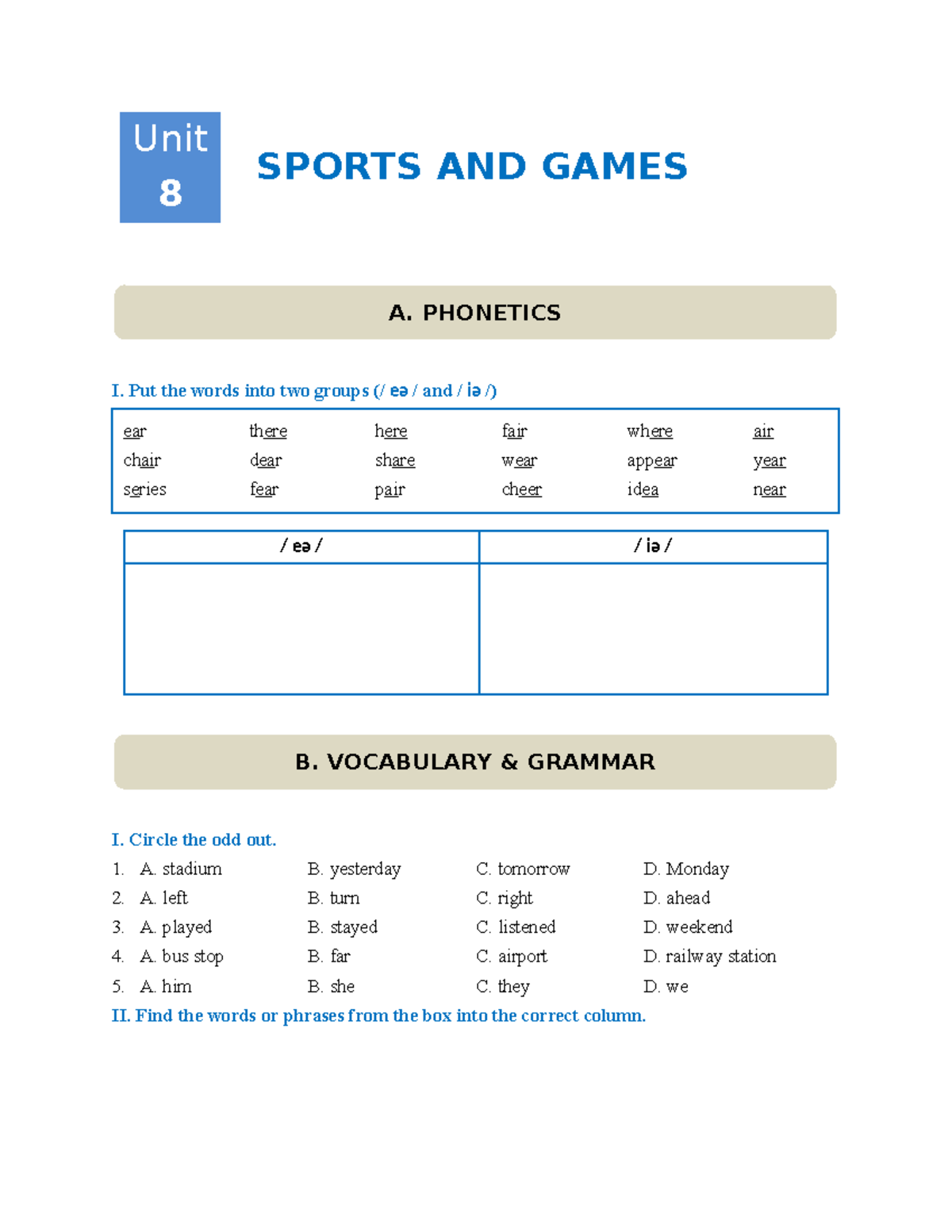 Unit 8: Exercises for English Learners - Lớp 6 (Tiếng Anh) - Studocu