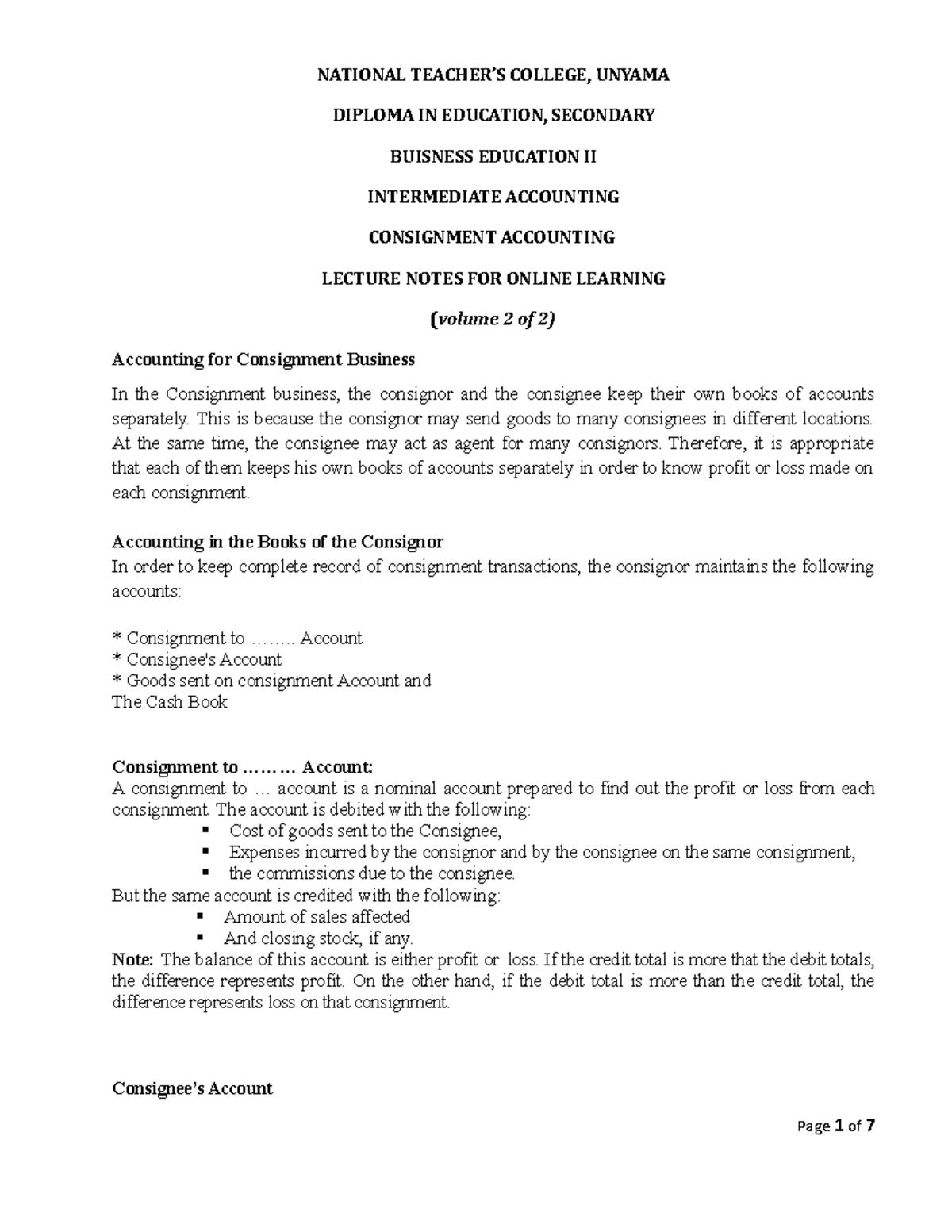 Lecture Notes ON Consignment Accounting ( Volume 2 OF 2) - NATIONAL ...