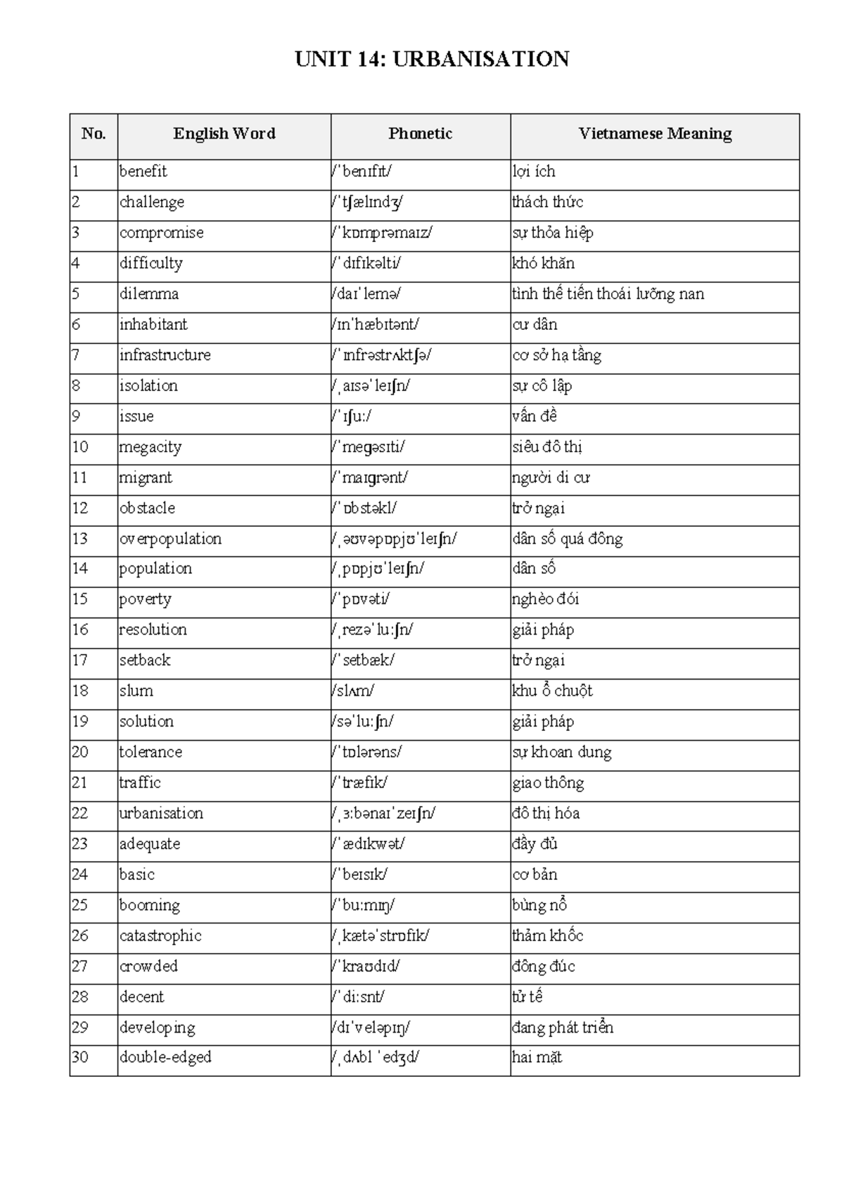 UNIT 14: Urbanisation Vocabulary List and Meanings - Studocu