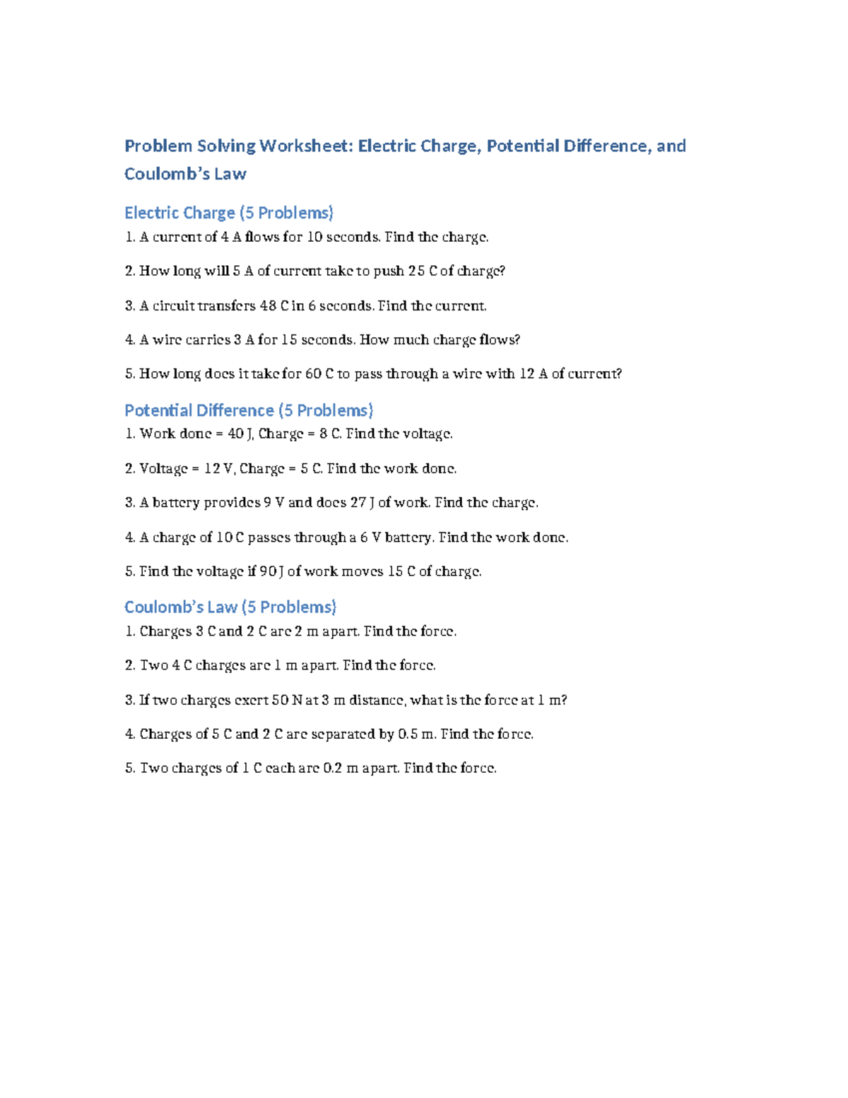 Problem Solving Worksheet: Electric Charge & Potential Difference (5 ...