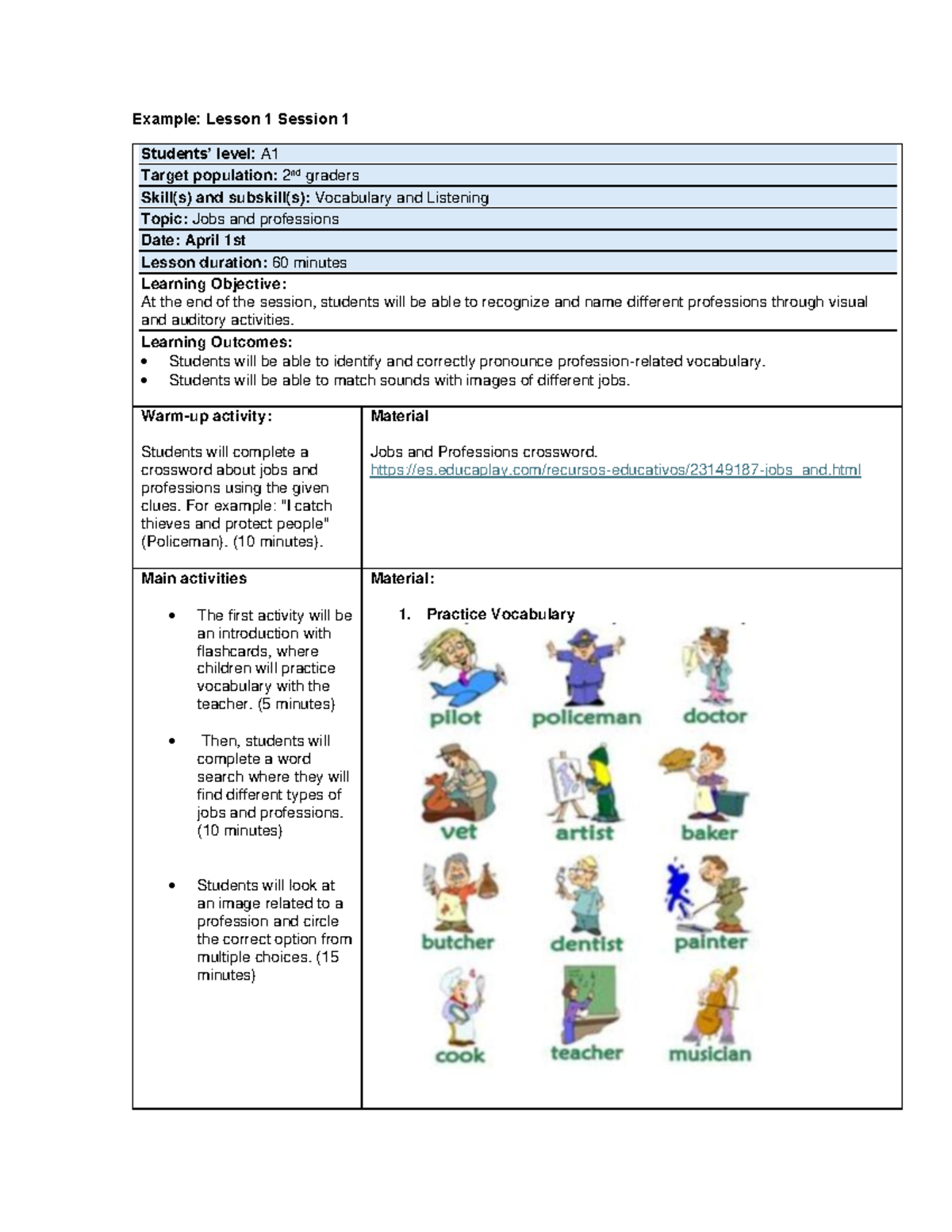 Lesson plan Jobs and professions - Example: Lesson 1 Session 1 Students ...