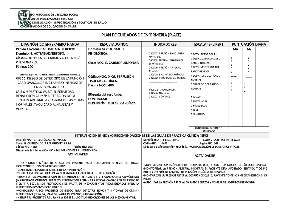 Plan de Cuidados de Enfermería: Hipertensión - PLACE - Studocu Plan de Cuidados de Enfermería: Hipertensión - PLACE - Studocu