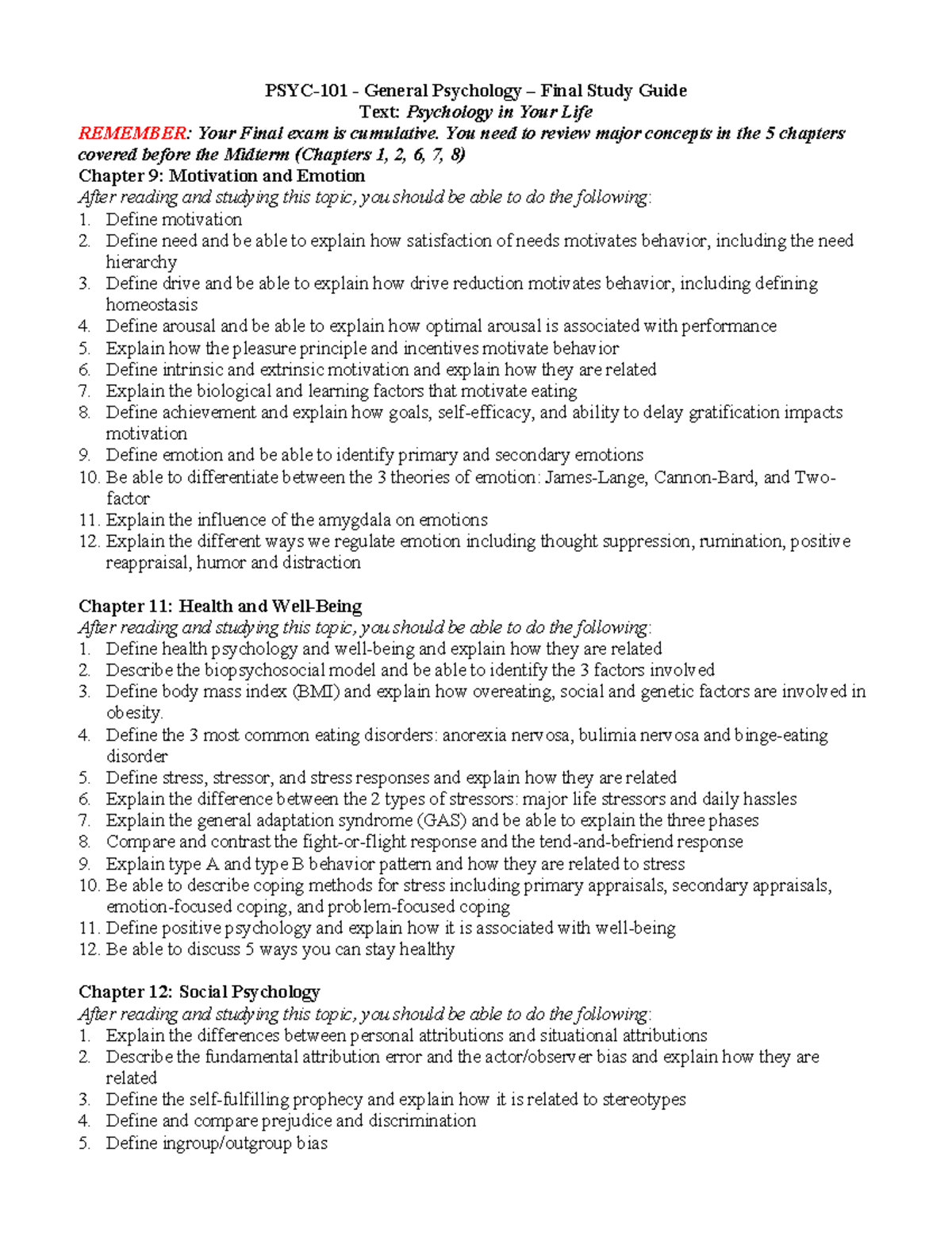 PSYC-101 General Psychology Final Exam Study Guide & Concepts - Studocu