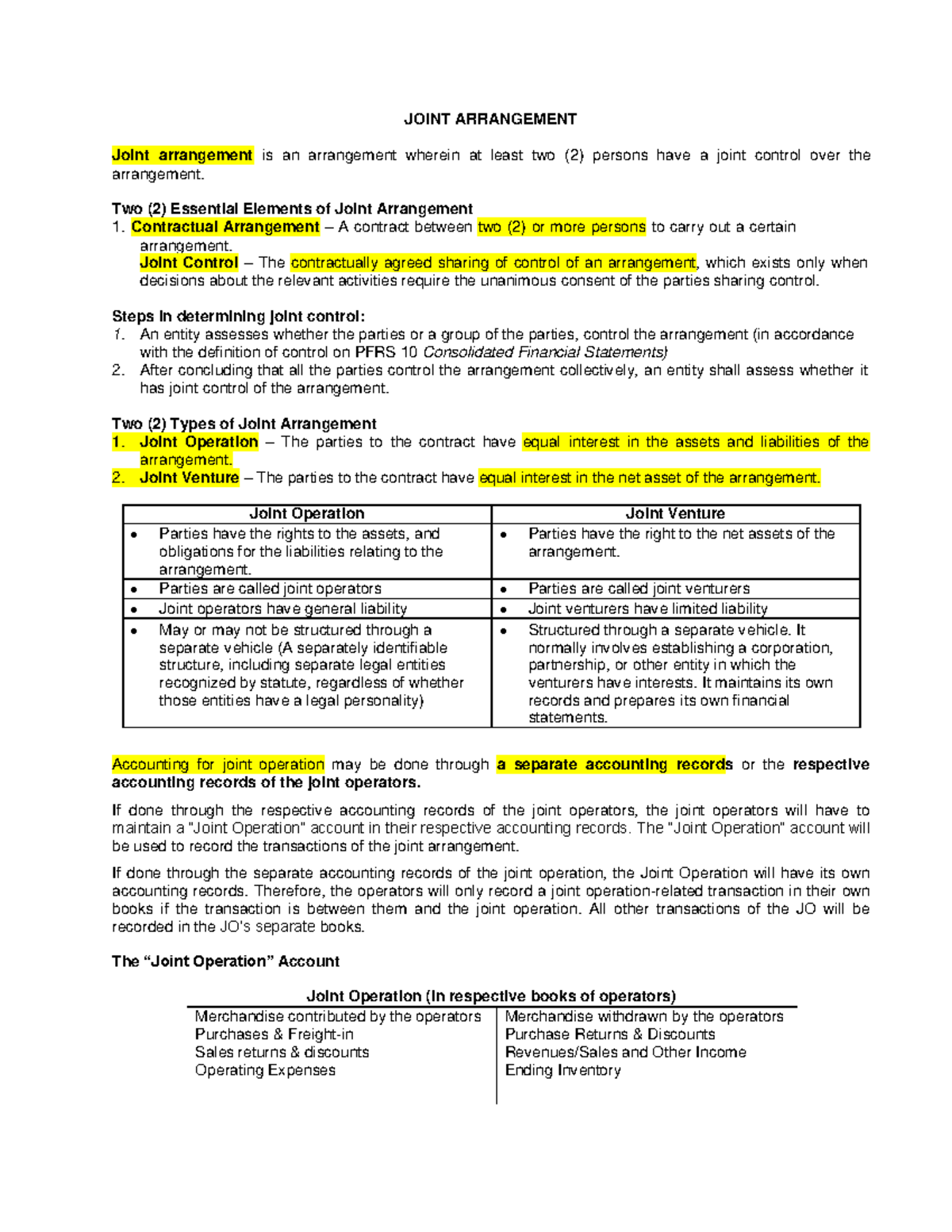 Joint Arrangement Accounting Notes - Special Transactions - Studocu