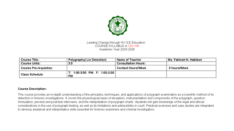 CDI 106: Polygraphy Course Syllabus - Understanding Lie Detection Techniques - Studocu