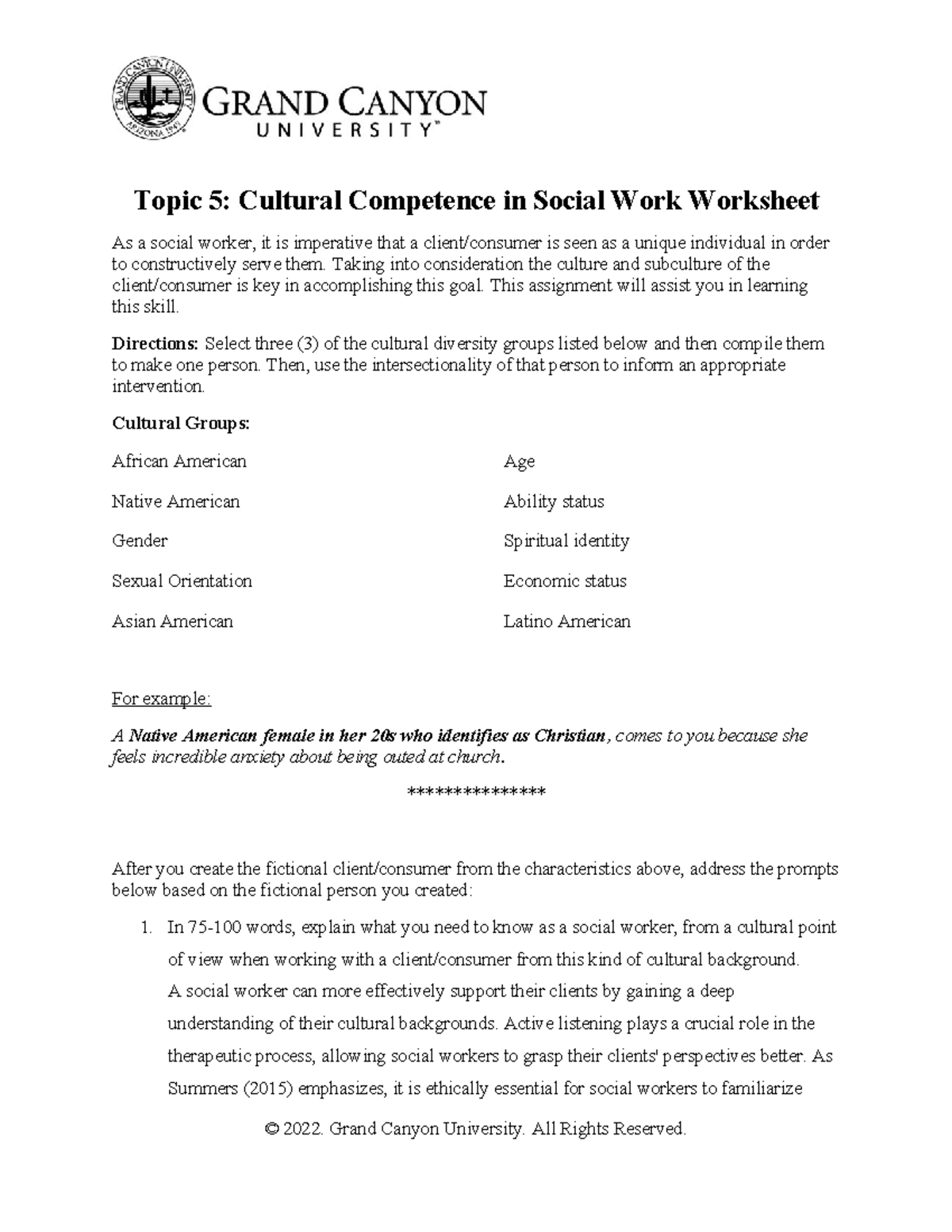SOC-445 Cultural Competence in Social Work Worksheet Guidelines - Studocu