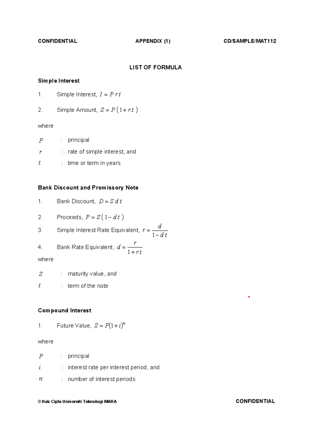 Appendix of Financial Formulas for MAT112 - Oct 2023 - Studocu