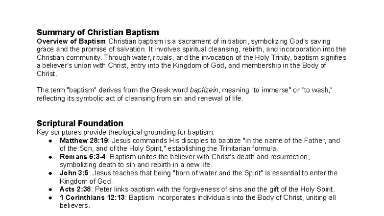 Summary of Christian Baptism: Practices & Significance - Studocu