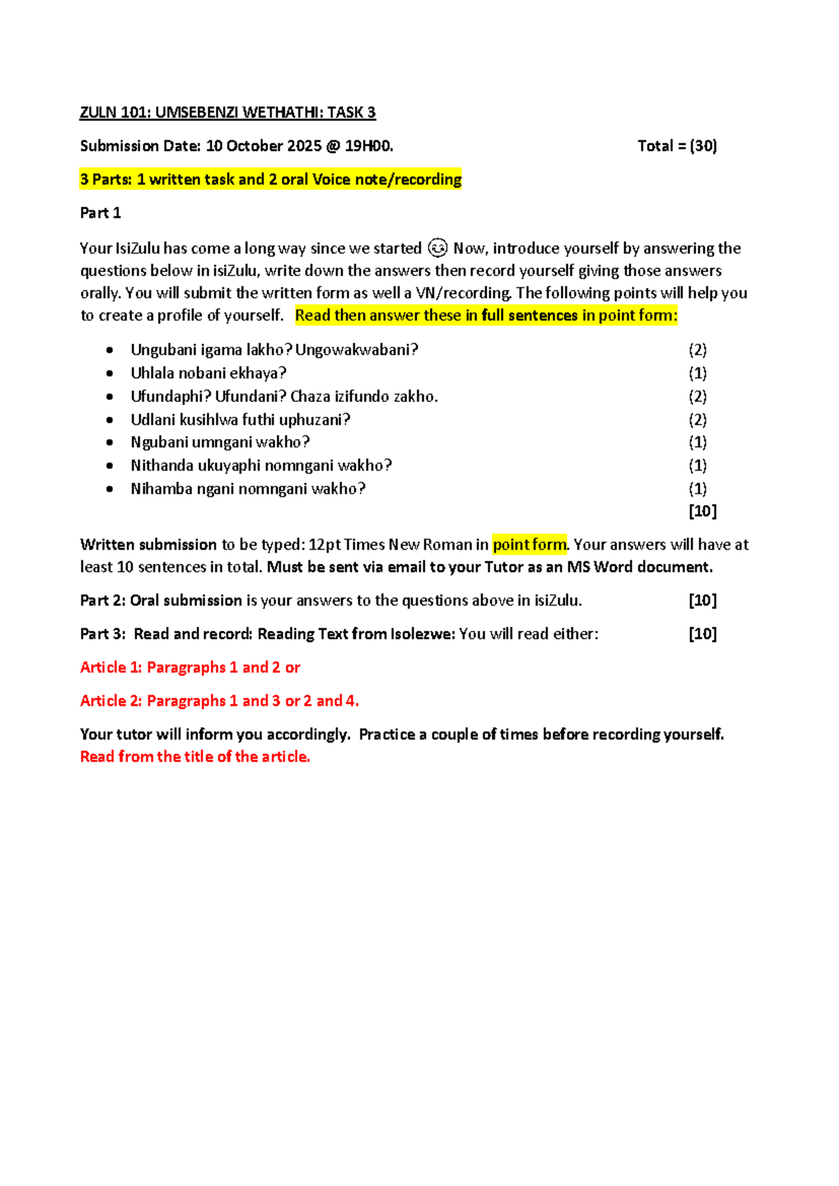 ZULN 101: UMSEBENZI WETHATHI - TASK 3 SEM 2 - Studocu