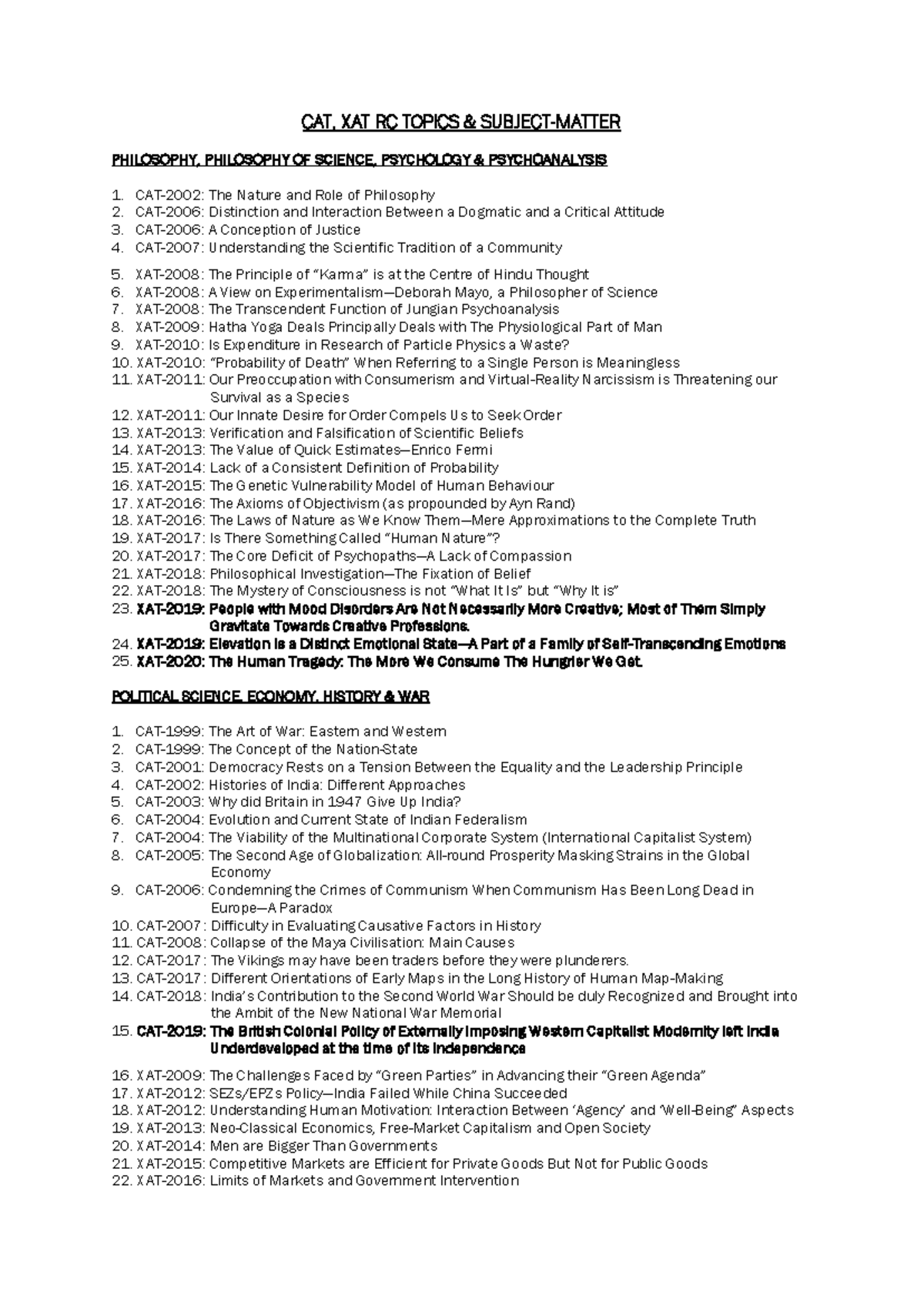 Past Year RCs-Copy - nil - CAT, XAT RC TOPICS & SUBJECT-MATTER ...