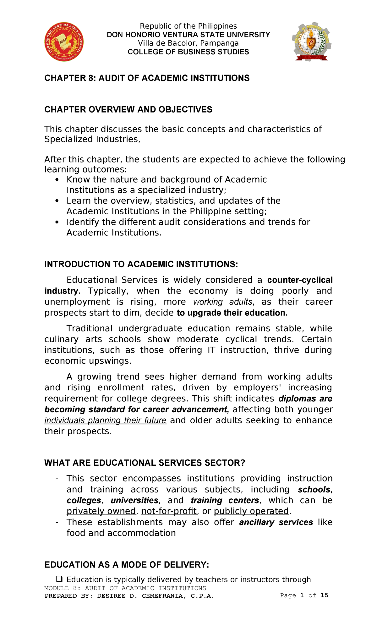 Module 8: Audit of Academic Institutions - Student Copy Overview - Studocu