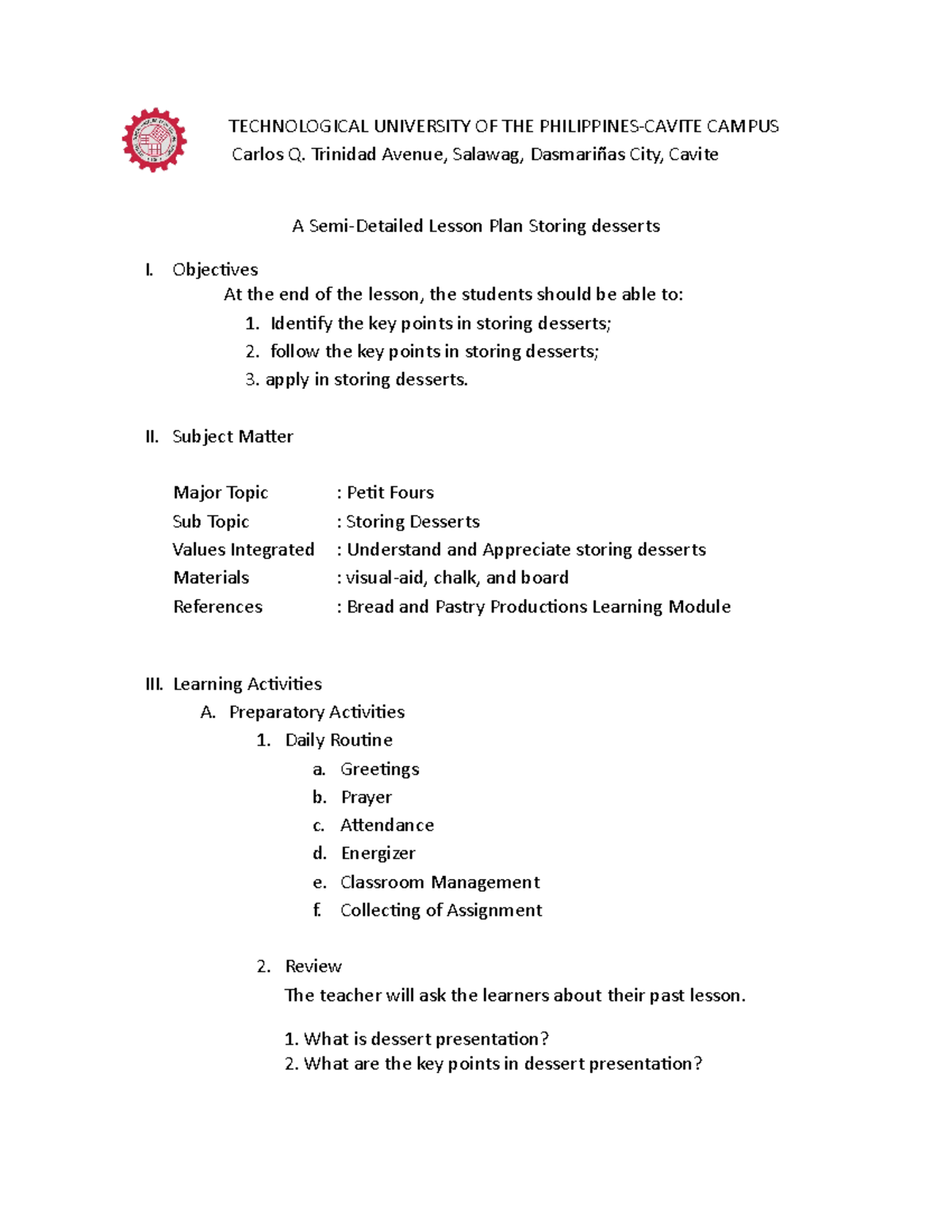 Semi-Detailed Lesson Plan on Storing Desserts (Bread & Pastry) - Studocu