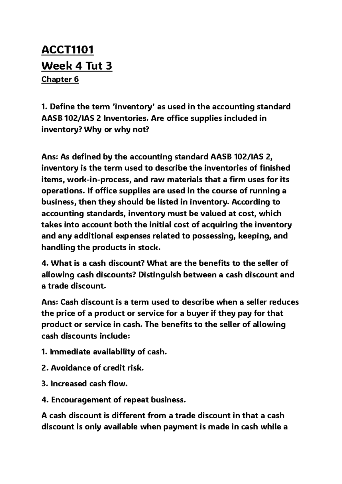 ACCT1101 Week 4 Tut 3 - Inventory and Cash Discounts Tutorial Notes ...