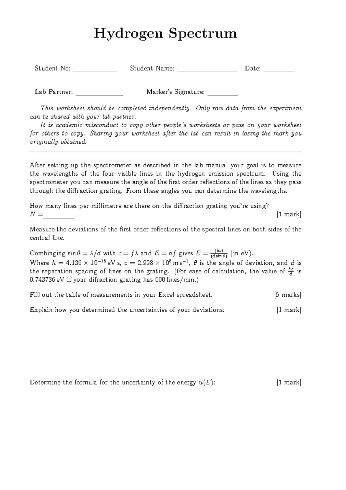 PHYS1001 Hydrogen Spectrum Lab Worksheet and Analysis - Studocu