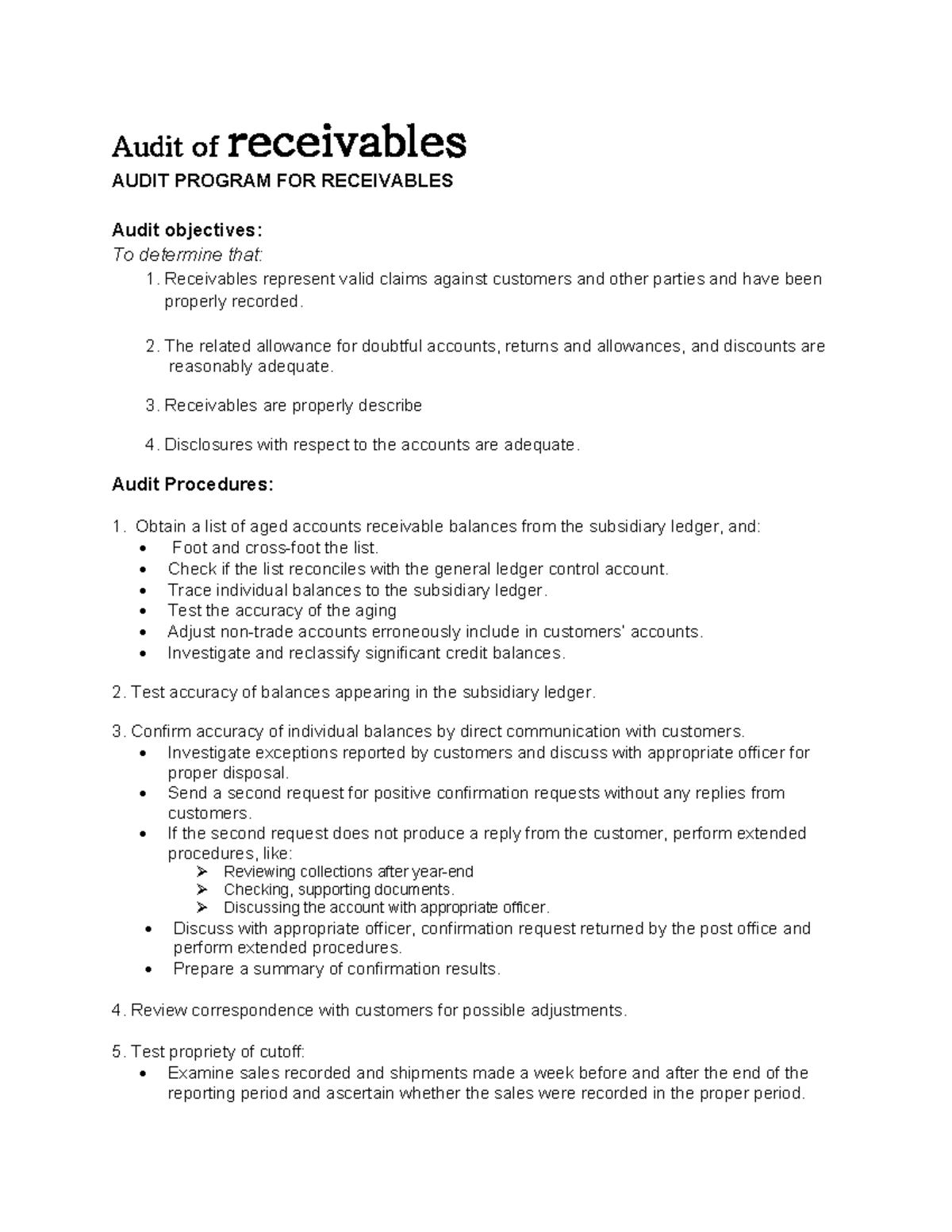 Accounting - ACCT 101: Audit of Accounts Receivable with Solutions ...