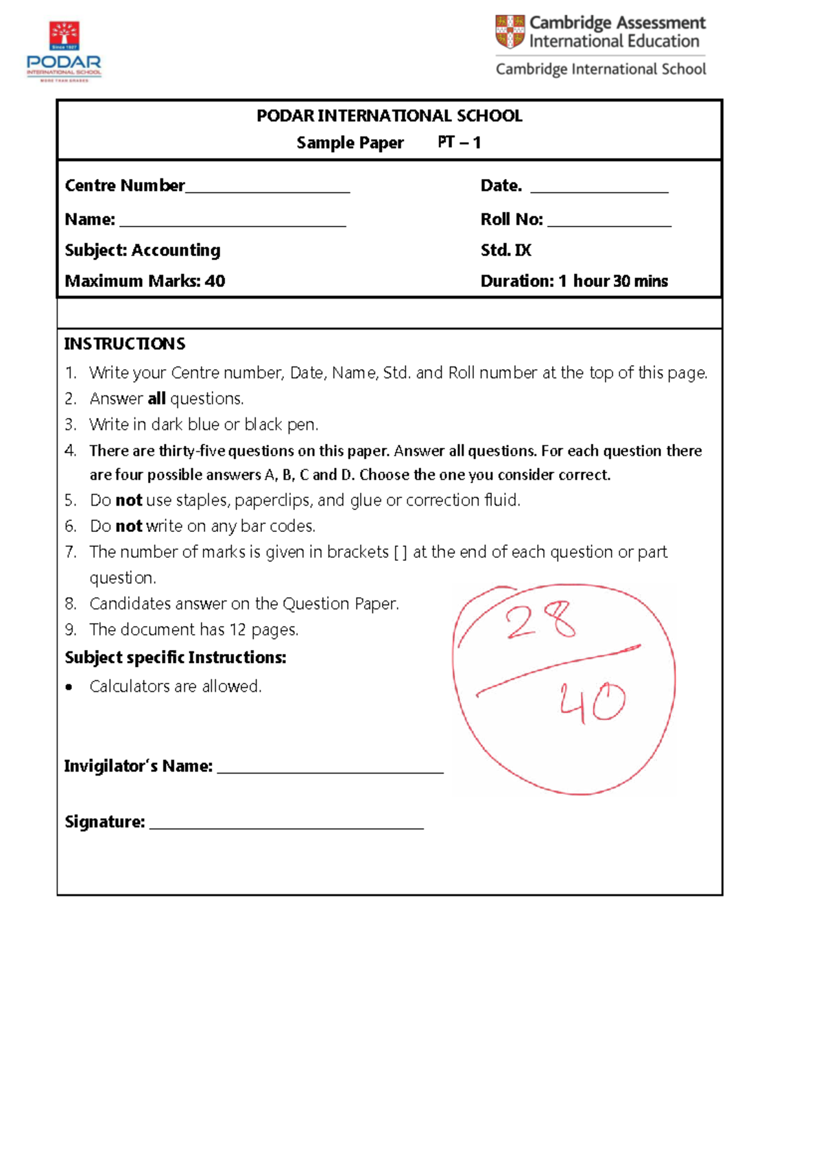 PODAR INTERNATIONAL SCHOOL Accounting Sample Paper MTUT 1 - Std IX MCQs ...