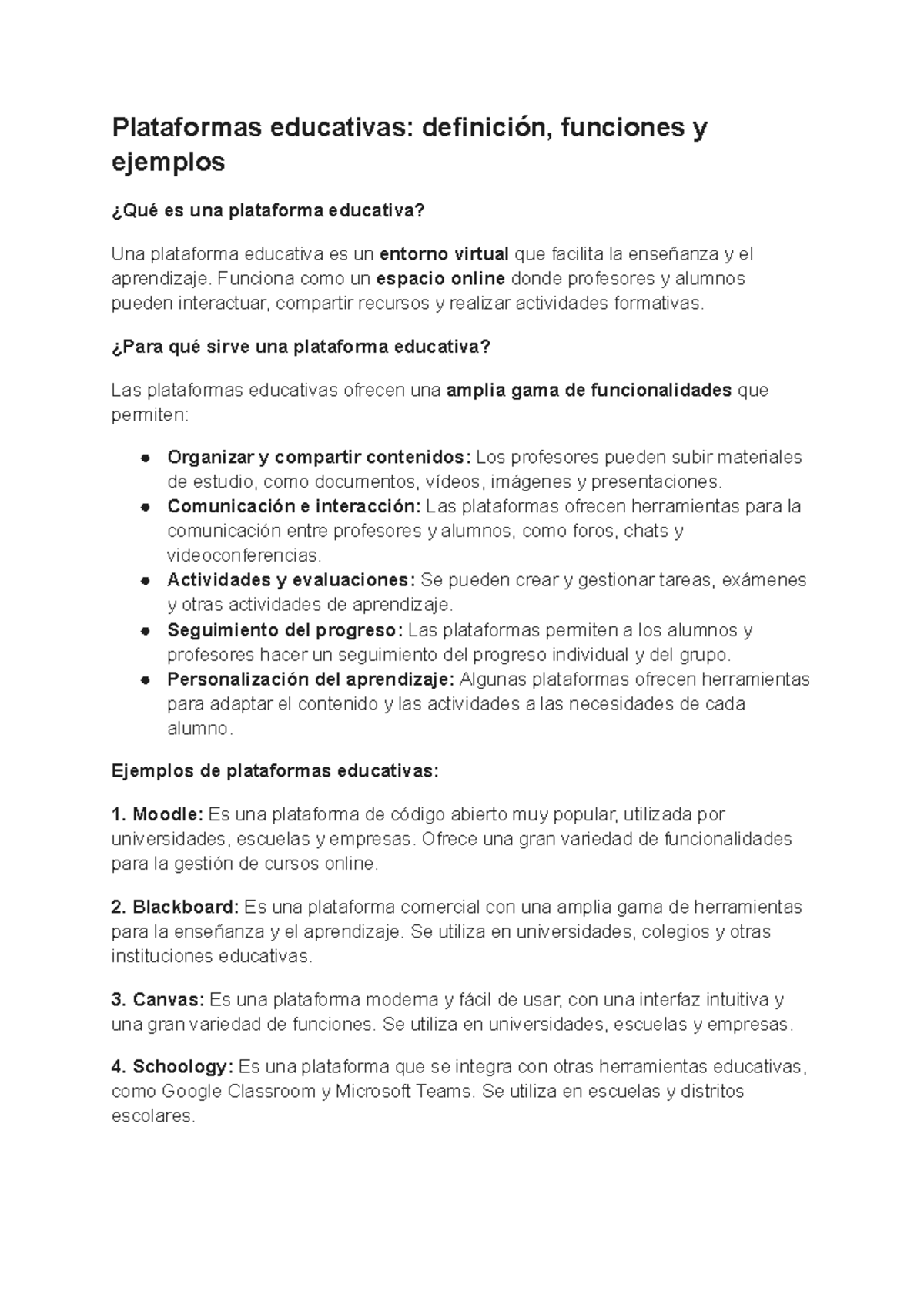 Definición y Funciones de Plataformas Educativas: Ejemplos clave - Studocu