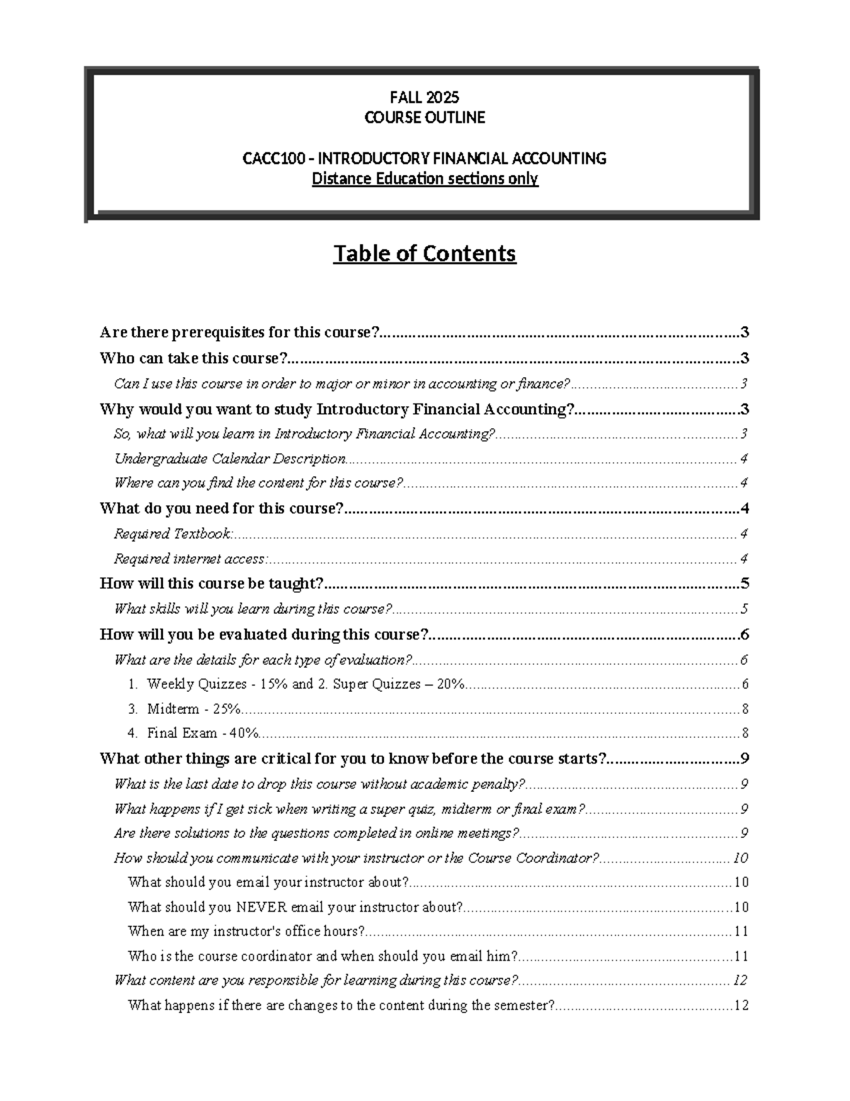 CACC100 - Fall 2025 Course Outline for Introductory Financial ...