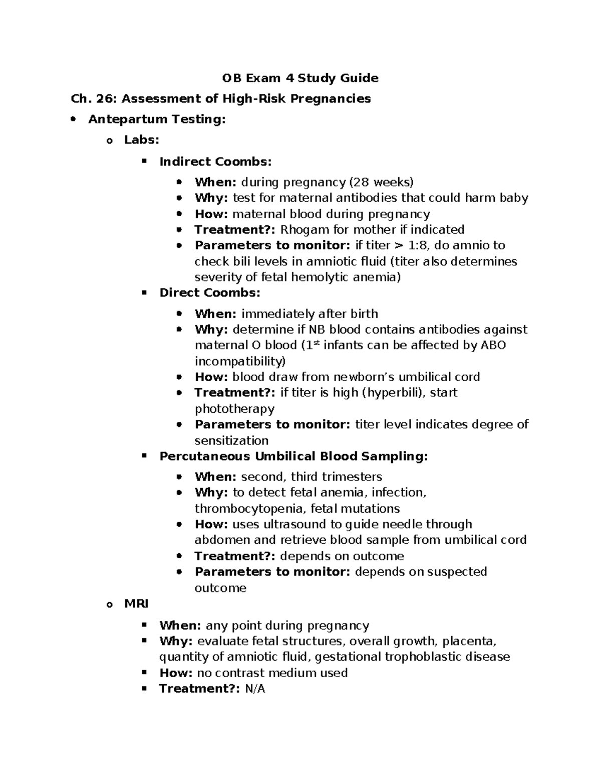 OB Exam 4 Study Guide - OB Exam 4 Study Guide Ch. 26: Assessment of ...